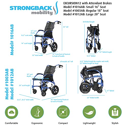 Strongback Mobility Excursion 12S+AB Lightweight Folding Wheelchair for Adults and Seniors - Transport Chair with Built-in Adjustable Lumbar Support; 18" Seat (12" Rear Wheels)