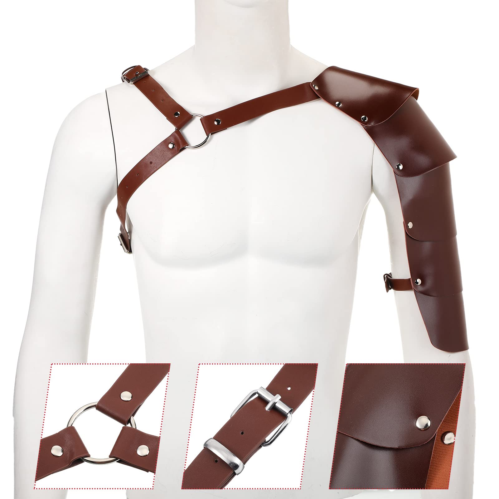 Vicenpal Leather Single Shoulder Armor Cover Cape Belt Adjustable Shoulder with 1 Pair Leather Arm Bracers, Medieval Leather Arm Guard (Brown)