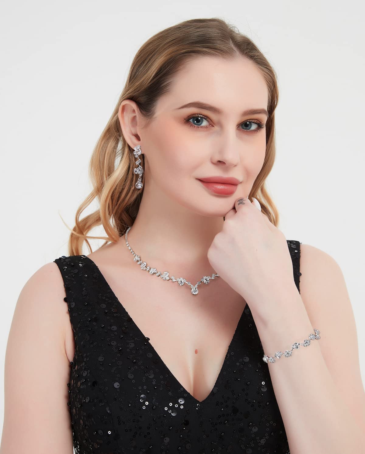 UDYLGOON Crystal Necklace Earrings Bracelet Jewelry Set Bride Bridesmaid Wedding Prom Party (Silver)