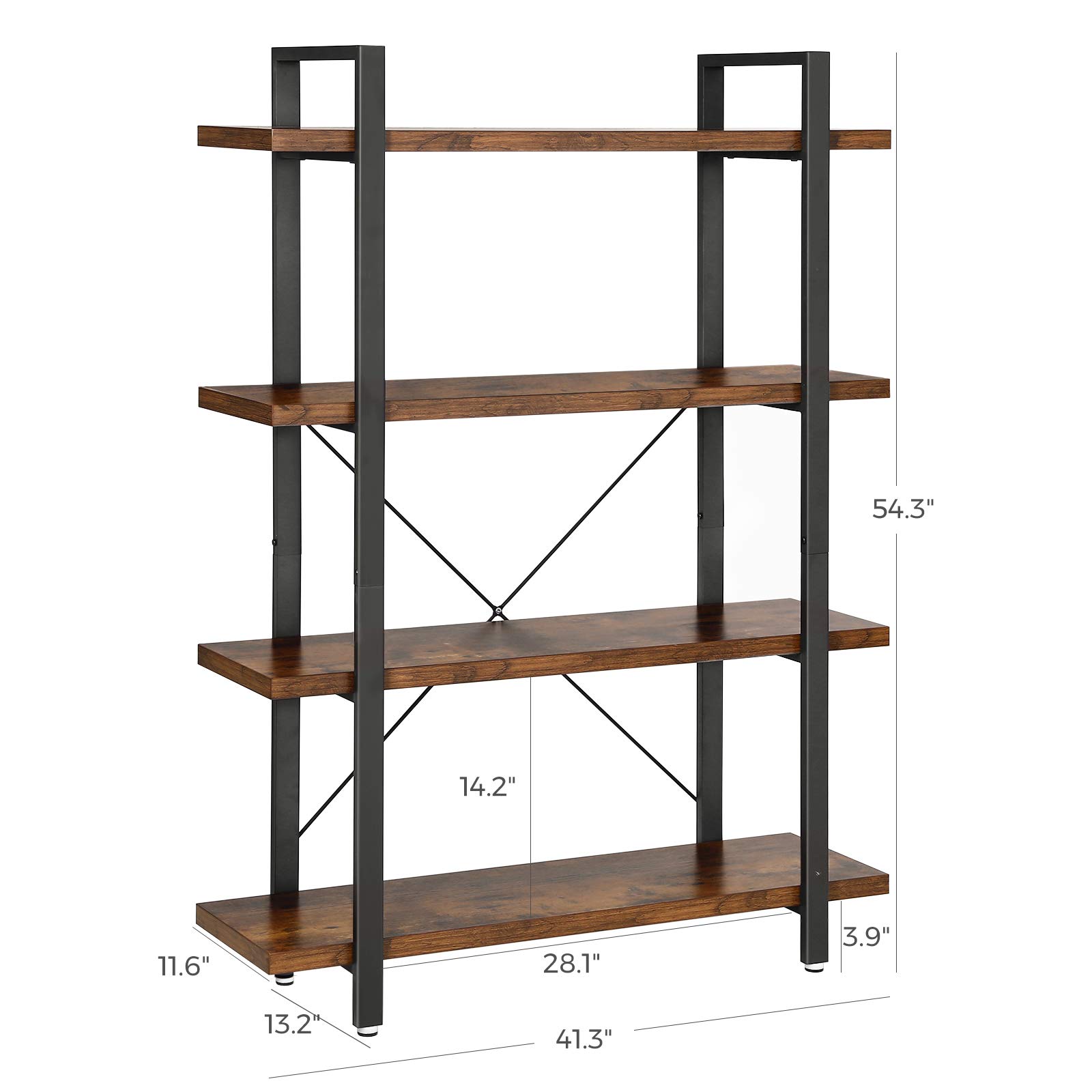 VASAGLE Industrial Bookshelf, 4-Layer Stable Bookcase, Storage Rack, Standing Shelf, Easy Assembly, Living Room, Bedroom, Office, Rustic Brown ULLS54BX, "41.3""l x 13.2""w x 54.3""h"