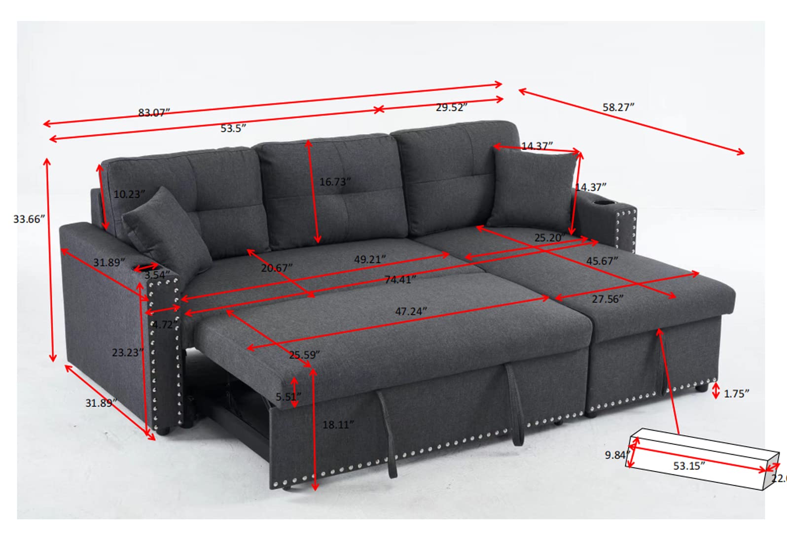 Sleeper Sofa Bed Pull Out Couch Reversible Sectional Sofa for Small Space Loveseat Sleeper with Storage Chaise & Cup Holder for Living Room/Apartment/Basement (Dark Grey)