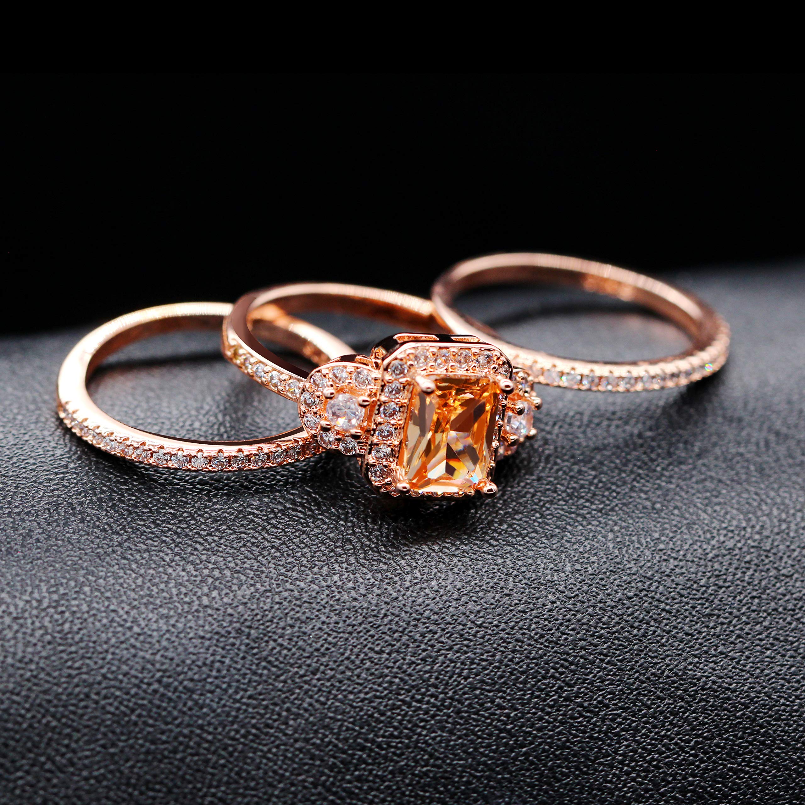 Uloveido 3pcs Stackable Bridal Rings Set Rose Gold Plated, 3-Stone Emerald Cut Champagne Yellow CZ Solitaire Accent Engagement Wedding Bands for Women (Size 8) Y434