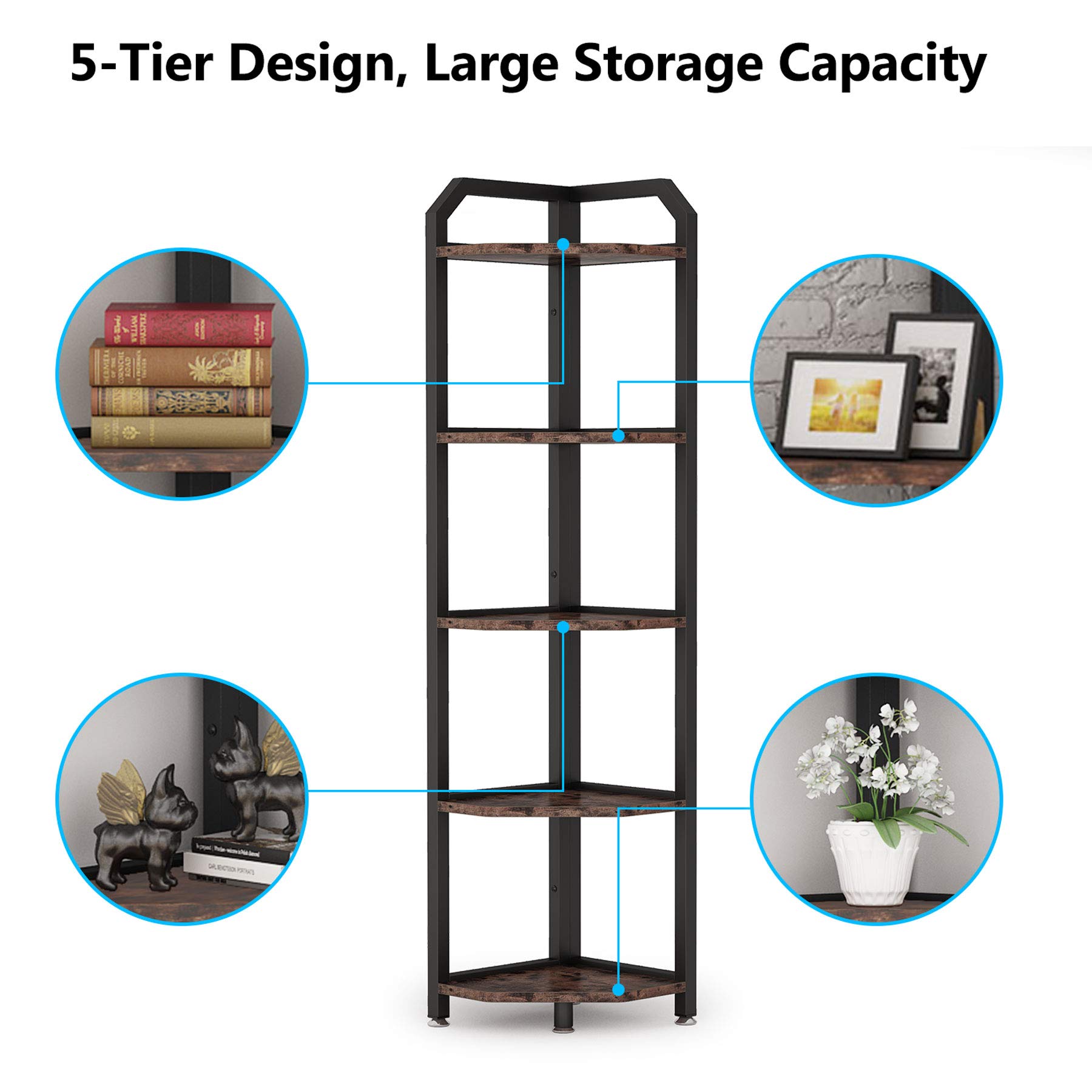Tribesigns Corner Shelf, 5 Tier Corner Bookshelf and Bookcase Rustic Corner Storage Shelving Unit Indoor Plant Stand for Living Room, Home Office, Small Space (Brown)