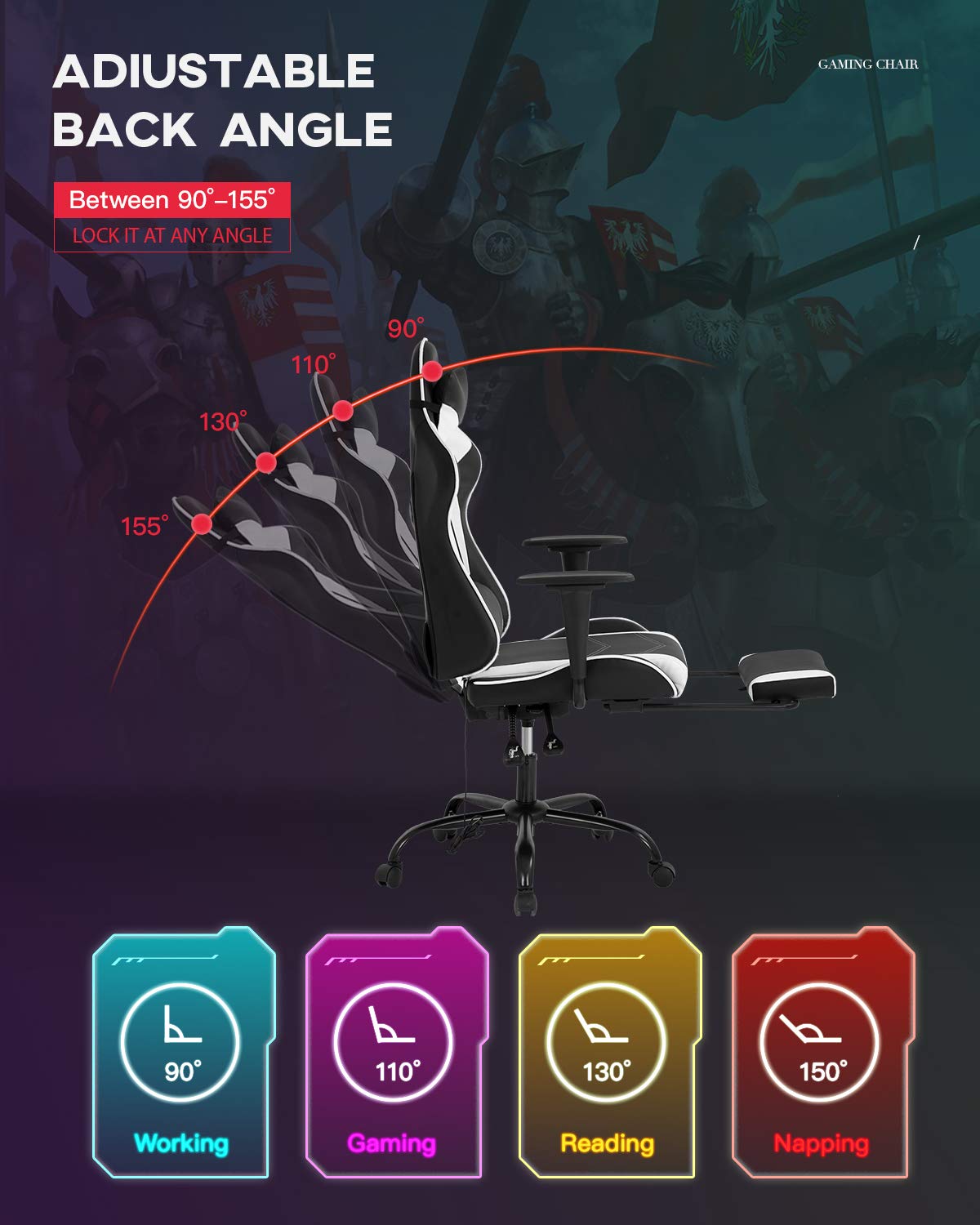 Vnewone Computer Gaming Chair Office PC Ergonomic Home Executive Desk Racing Rolling Swivel Task Adjustable High-Back PU Leather with Lumbar Support Footrest Headrest Armrest Massager, White