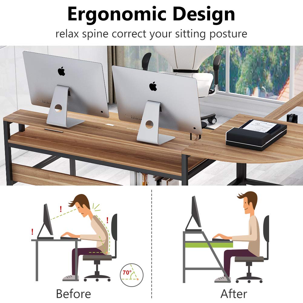 Tribesigns L-Shaped Computer Desk with Storage Shelves, Modern Large Corner Computer Desk Study Writing Workstation with Monitor Riser & 3-Tier Corner Shelf for Home Office Use (Walnut)