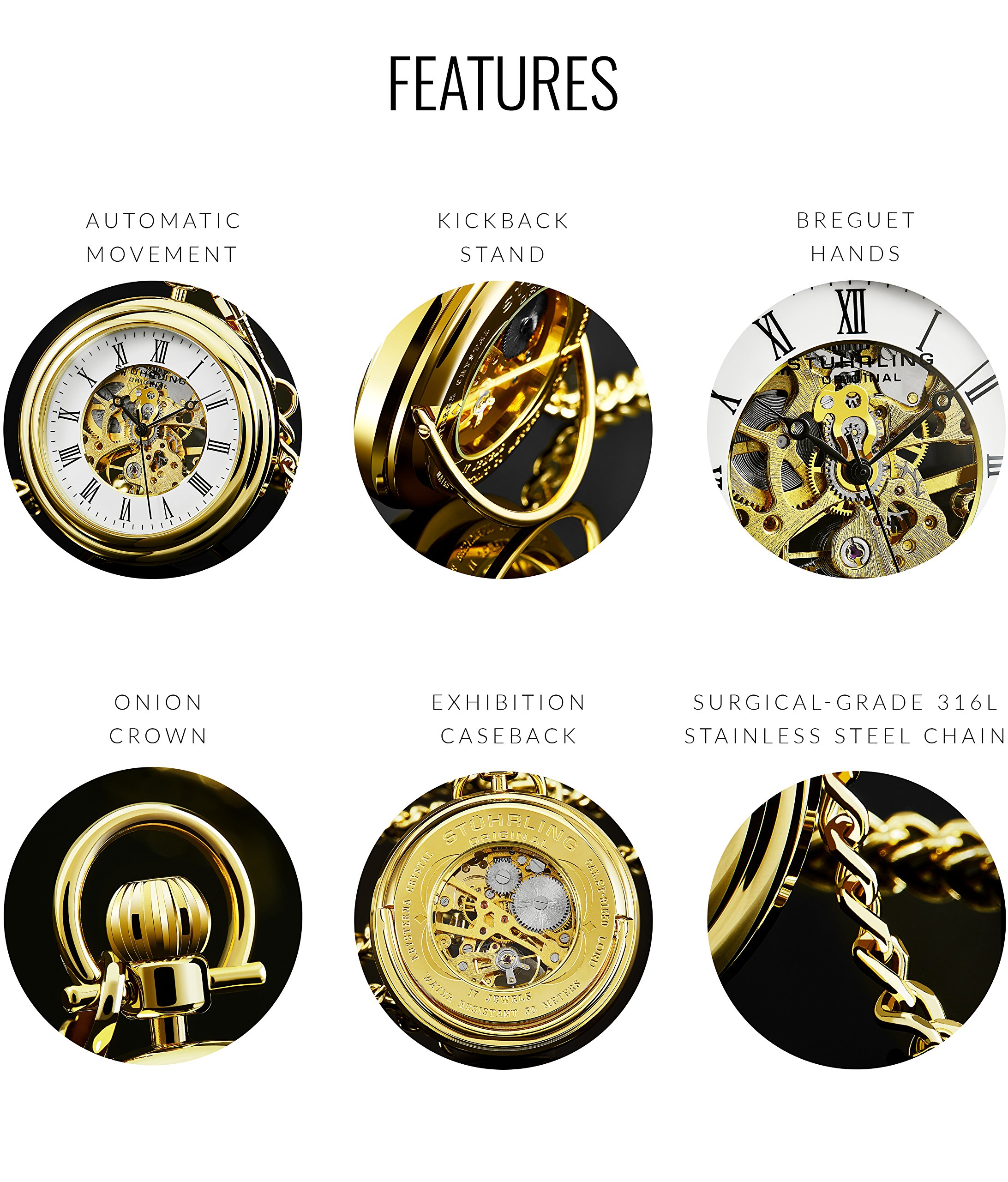 Stuhrling Original Men's Pocket Watch Stainless Steel Analog Skeleton Watch Hand Wind Mechanical Movement Stainless Steel Chain (Silver) (Gold)