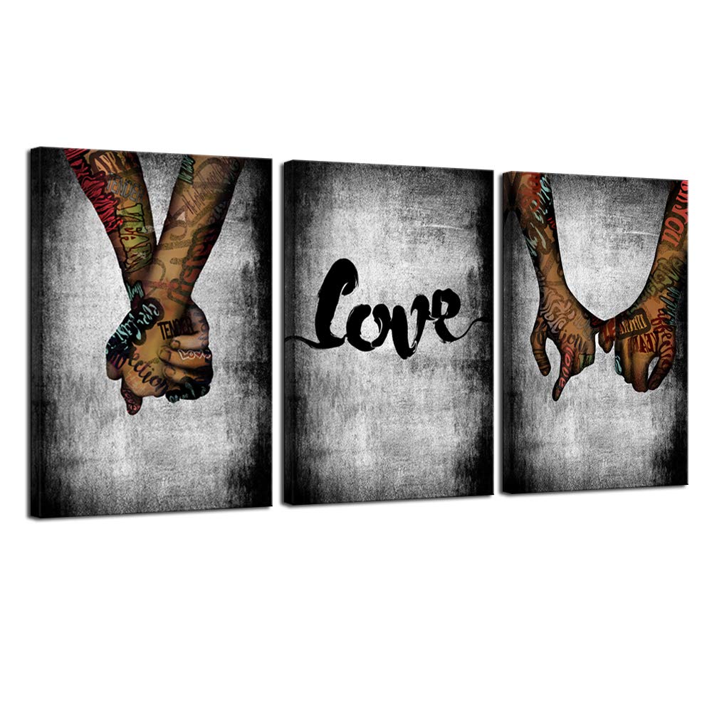 sechars Graffiti Canvas Wall Art Love Hand in Hand Painting Poster Print Abstract Pop Art for Bedroom over The Bed Decoration Lover Artwork Framed Ready to Hang 16x24inchx3PCS