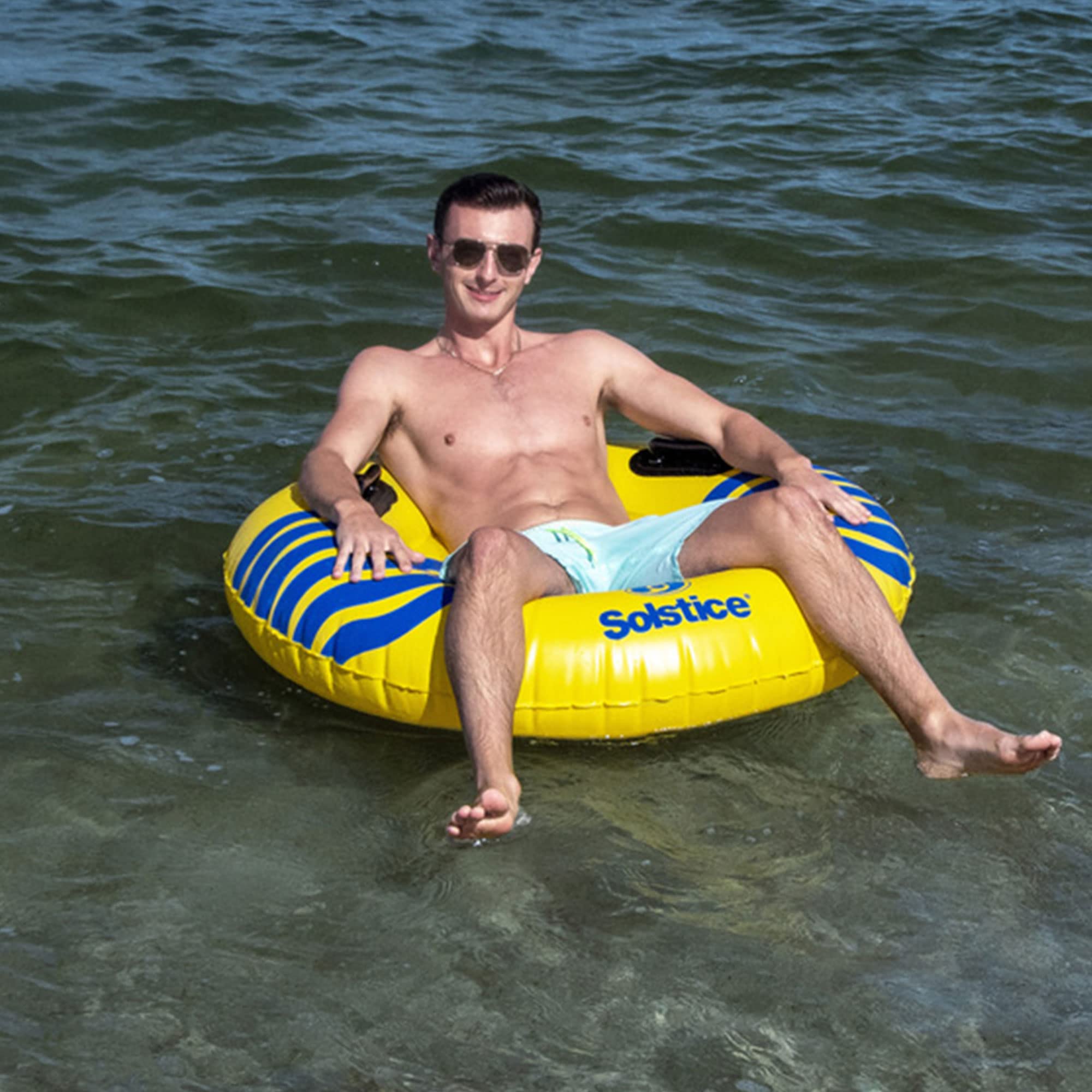 Swimline 17035ST Solstice River Rough 48" Round Heavy Duty Inflatable Inner Tube Swimming Pool 1 Person Lake Float with Handles, Yellow/Blue