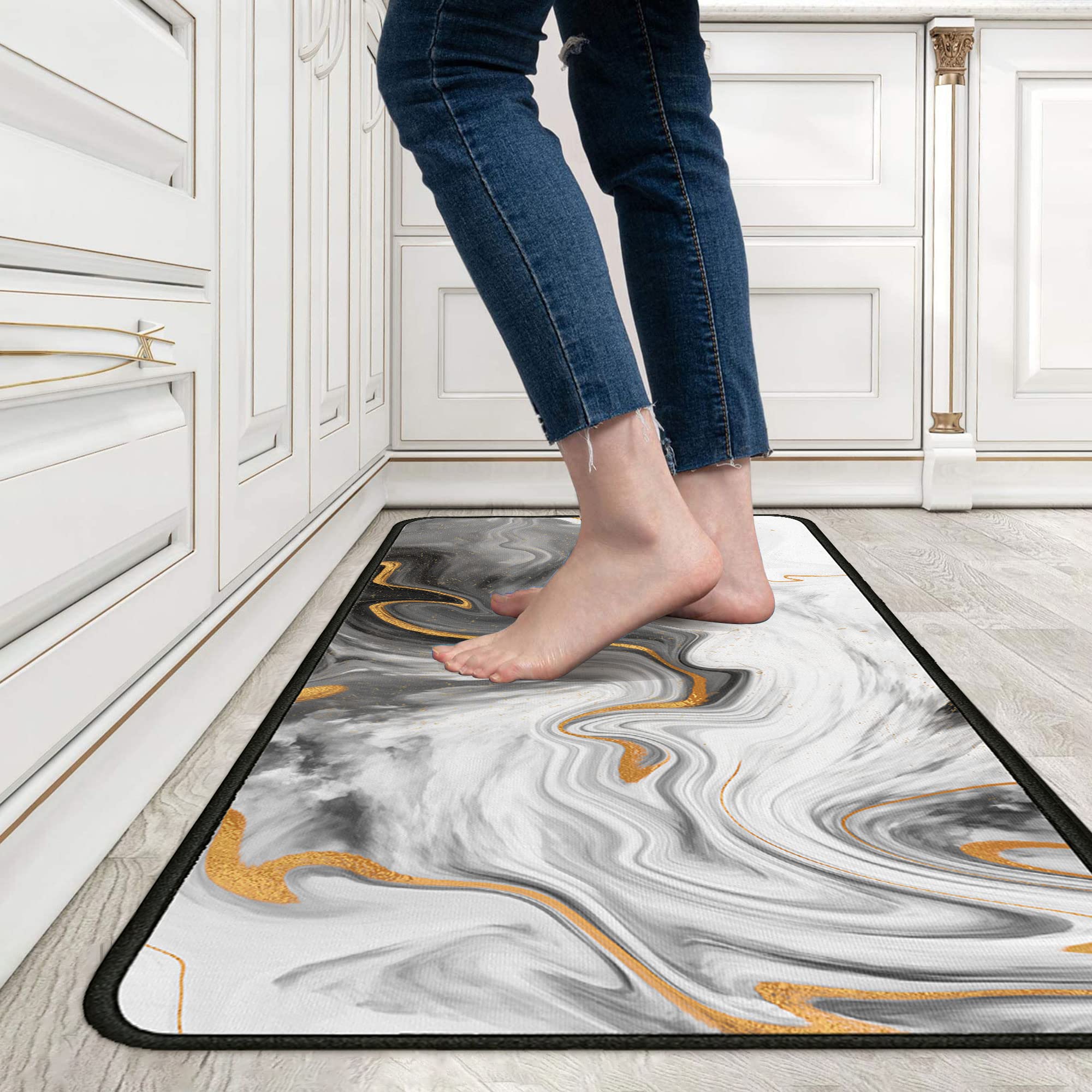 White Marble Kitchen Rugs and Mats Non Skid Washable Absorbent Stain Resistant,Durable and Easy to Clean,Kitchen Rug Set of 2 Marble Kitchen Deco 17"x47"+17"x30"