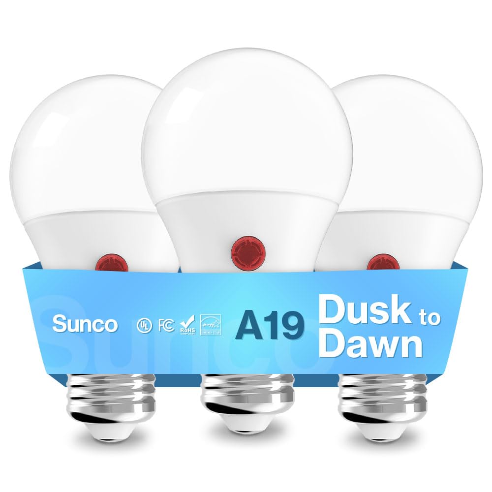 Sunco 3 Pack Dusk to Dawn Light Bulbs Outdoor Sensor A19 LED Light Bulb, UL, 9W (60W Eqv.), 800lm, Auto On/Off Photocell Automatic for Outdoor Lighting, 2700K Soft White