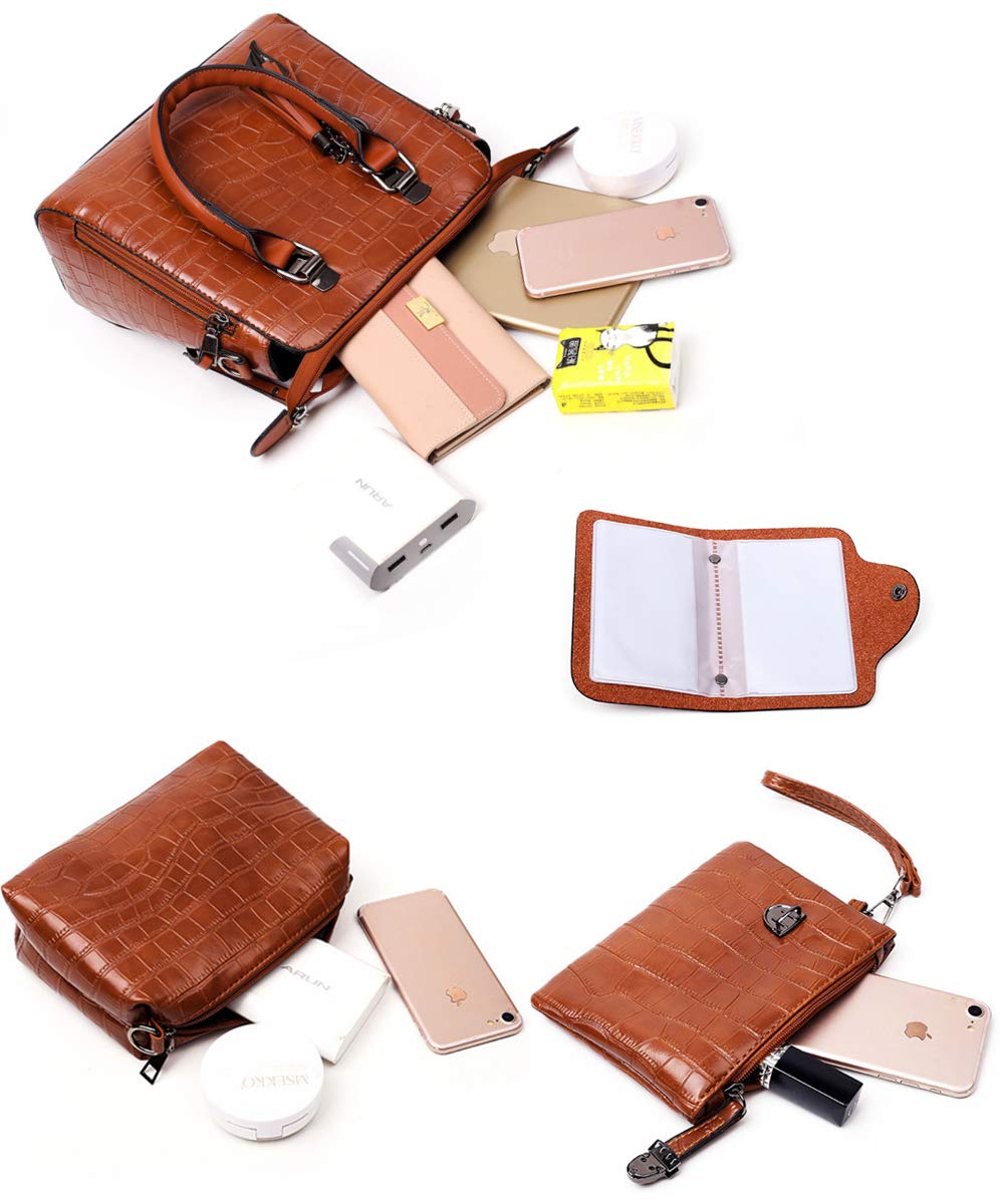 Women Handbag and Purse 4pcs Wax PU Tote Set Shoulder Top Handle Bag Satchel Clutch Card Holder wtih Tassel Brown