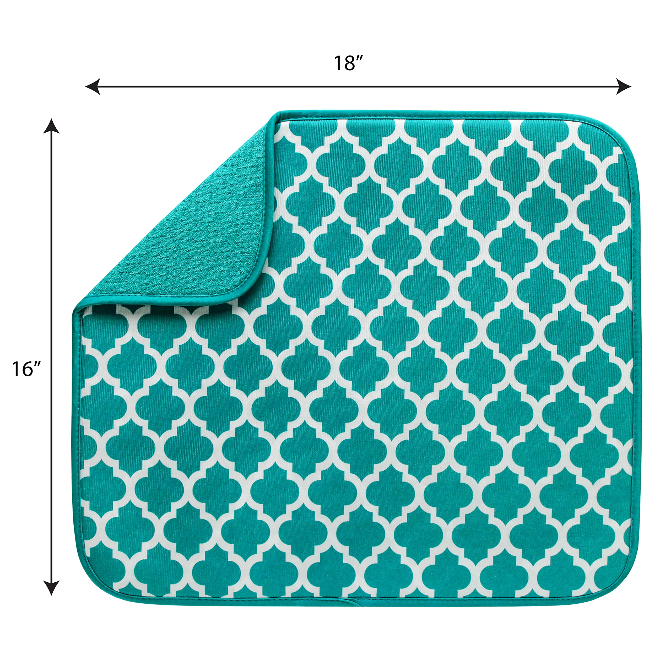S&T INC. Dish Drying Mat for Kitchen, Absorbent, Reversible Microfiber Dish Mat, 16 Inch x 18 Inch, Teal Trellis