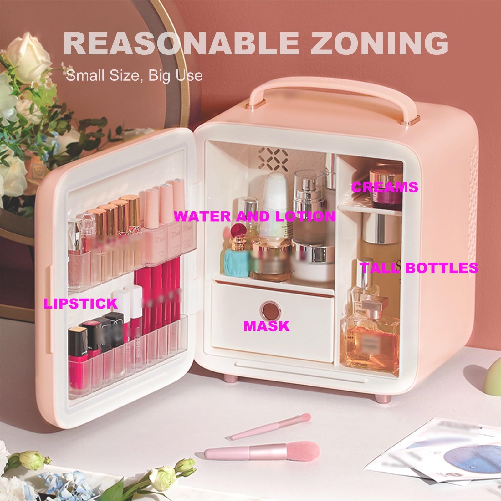 SZIPJAMP Small Beauty Refrigerator 9L Personal Cosmetics Storage Box Portable Skin Care Protector with Interior Led Light Freezer for Bedroom Bathroom Vanity