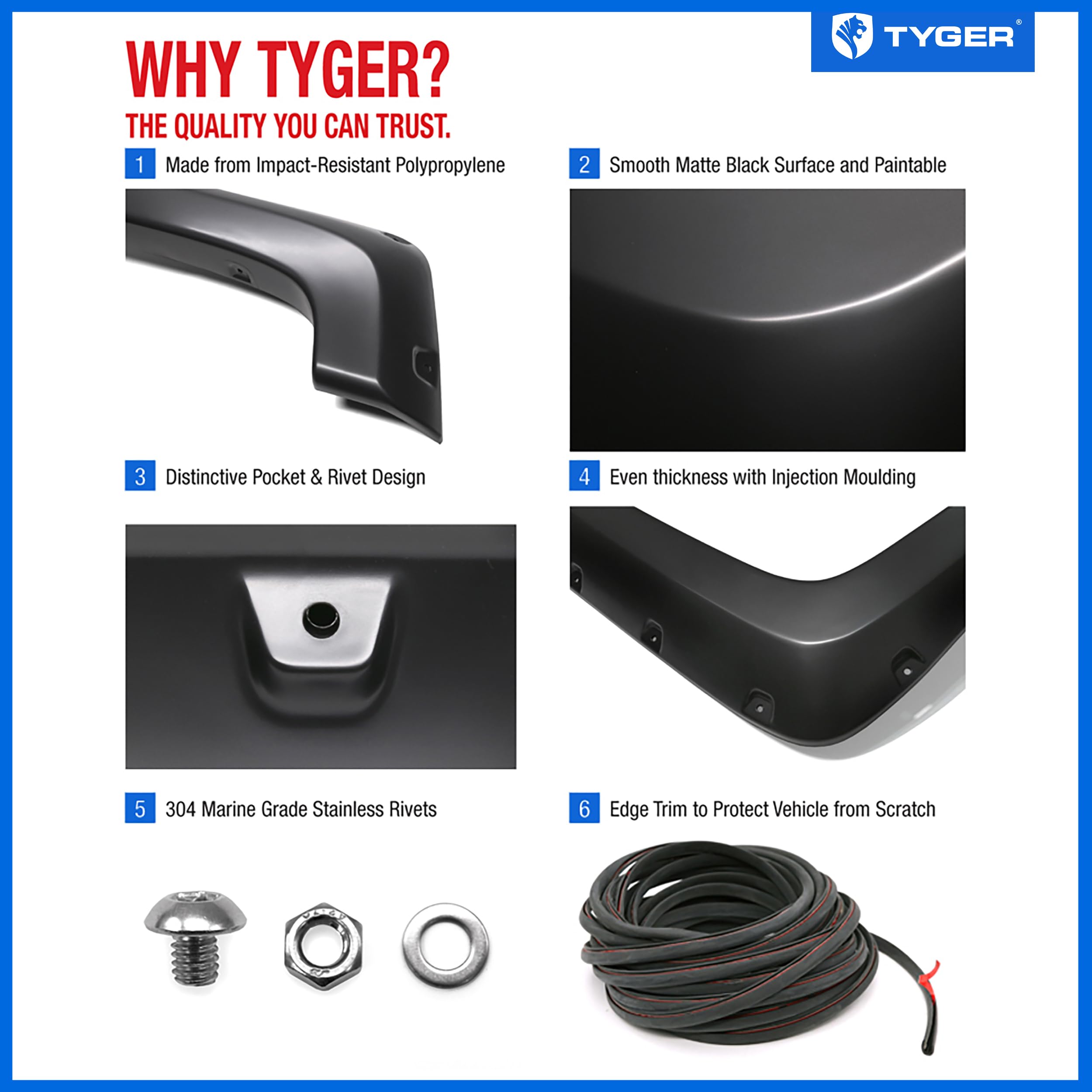 Tyger Auto Fender Flares Compatible with 2015-2017 Ford F-150, Smooth Textured Paintable Bolt-Riveted Style 4pc | TG-FF8F4168