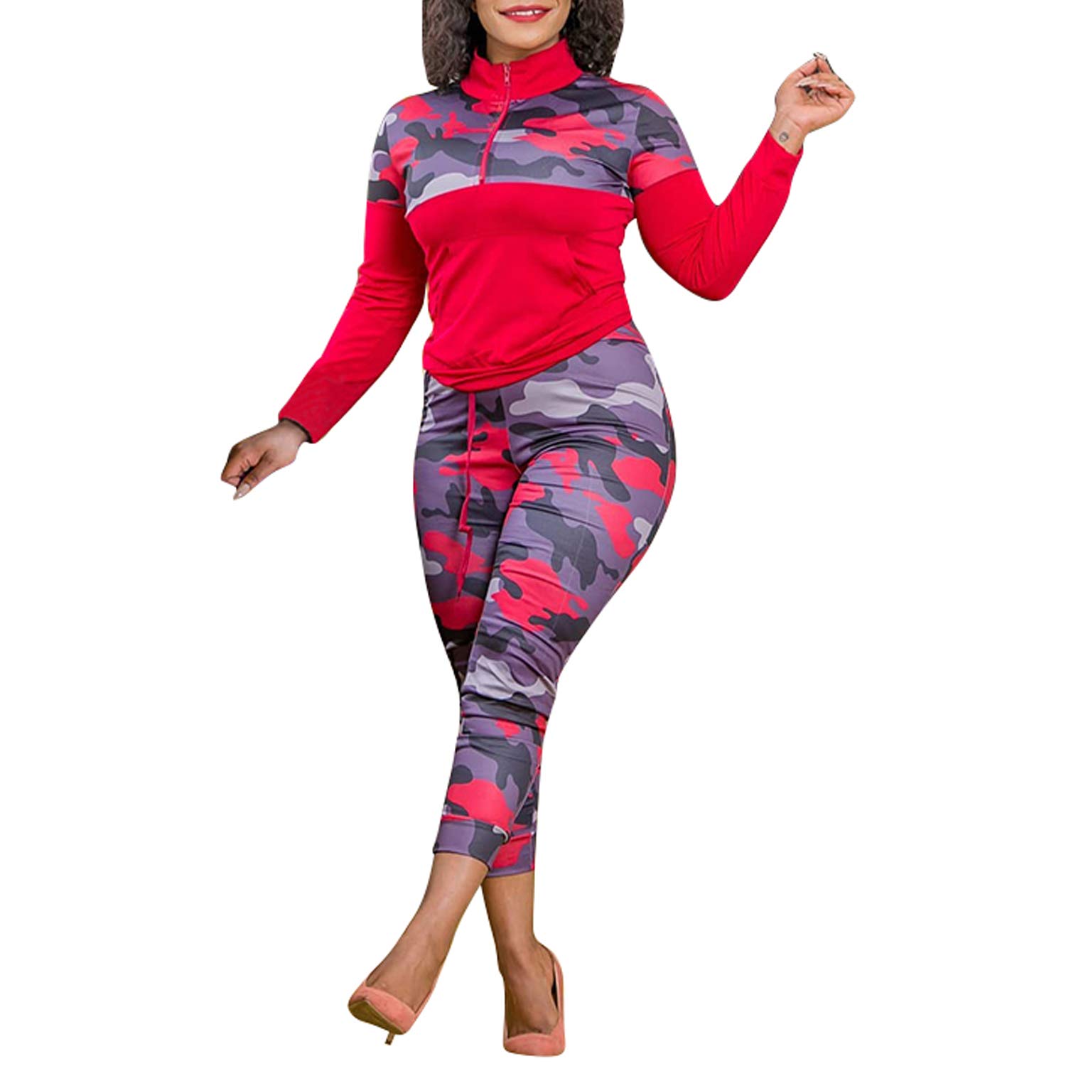 Womens Camo Printed Sweatshirt & Sweatpants Tracksuit Set Fashion 2 Piece Plus Size Outfits (Gules, XXX-Large)