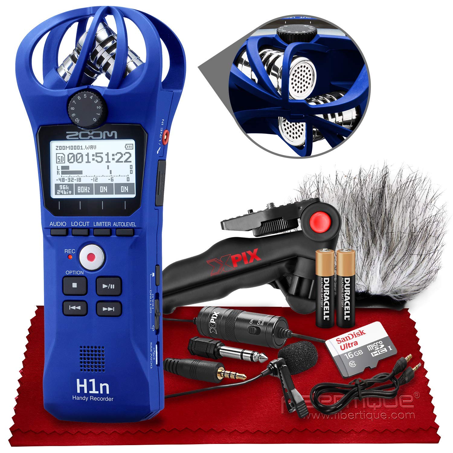 Zoom H1n 2-Input / 2-Track Portable Handy Recorder with Onboard X/Y Microphone (Blue) + Xpix Professional Lavalier Microphone, 16GB Micro Memory Card, Xpix Tripod, AAA Batteries & Accessories