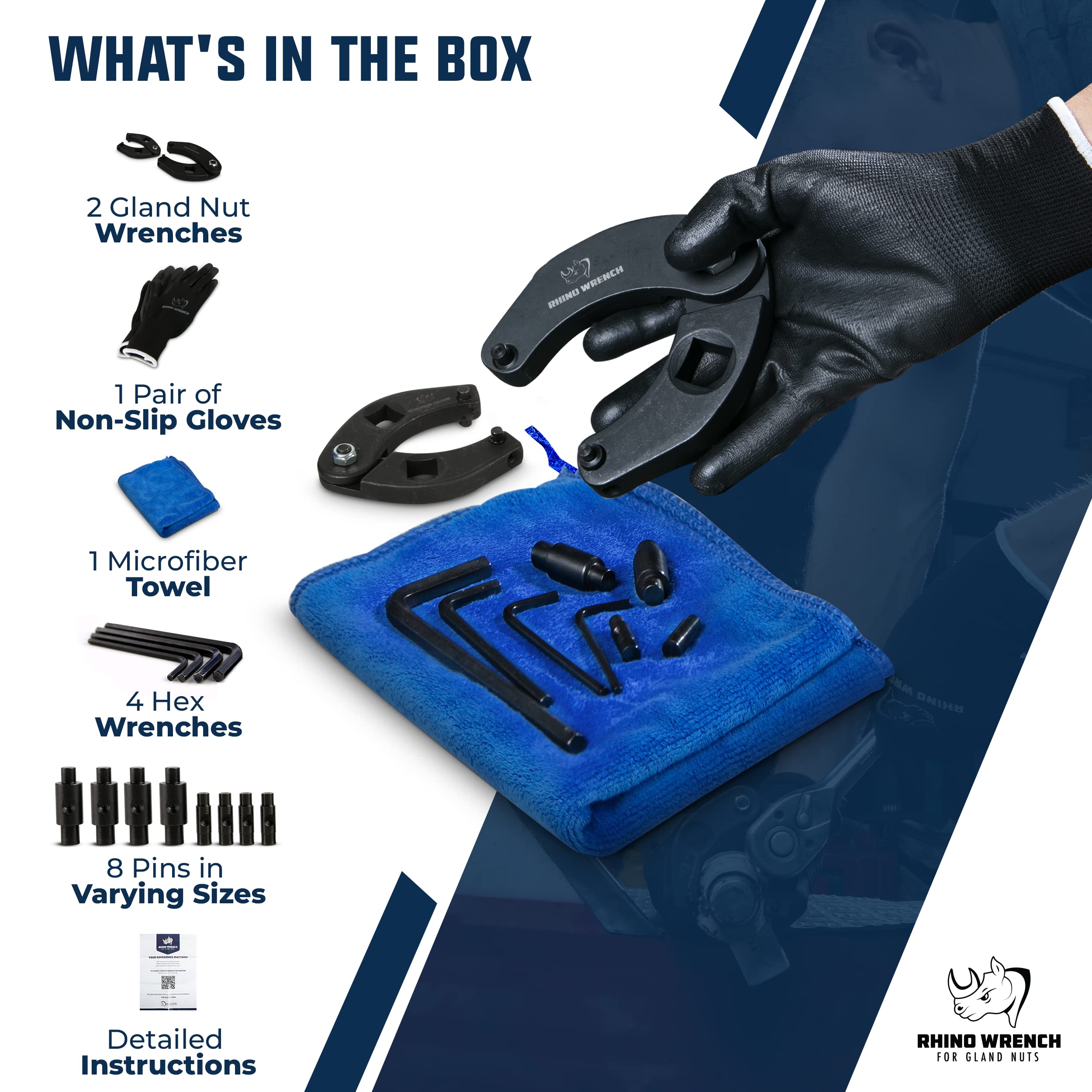 Rhino Gland Nut Wrench - Set of 2 Hydraulic Cylinder Spanner Wrench Adjustable - Spanner Wrench Set Includes Gloves, Microfiber Towel, Pins & Allen Wrenches, Suitable for Farm & Construction Equipment