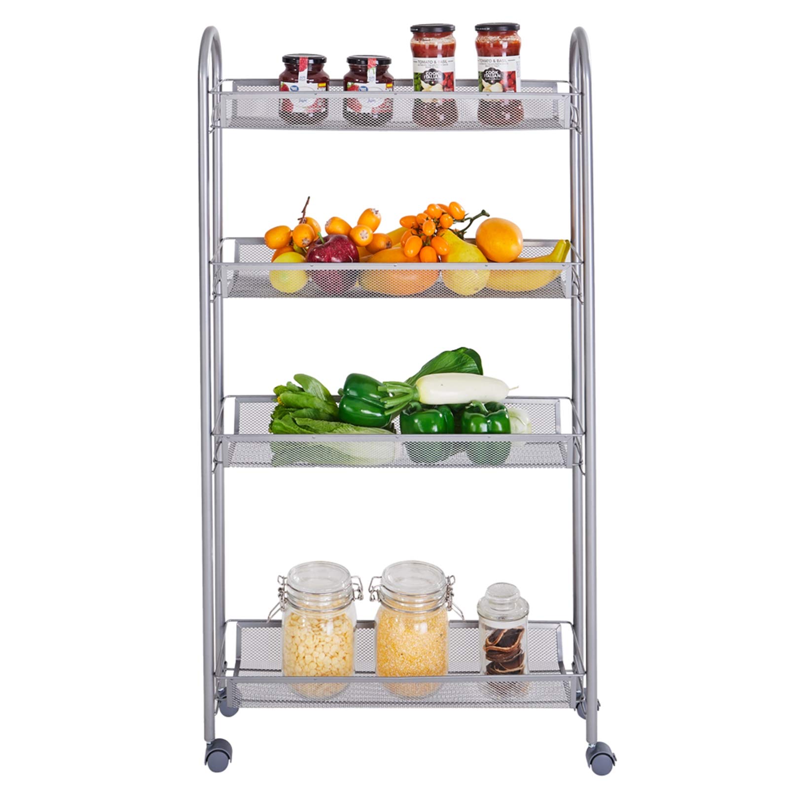 Slim Rolling Storage Cart,4 TierUtility Cart Mobile Slide Out Organizer,Laundry Room Organization,Mobile Shelving Unit Bathroom Organizer for Kitchen,Bathroom,Laundry Room,Narrow Places (Silver)