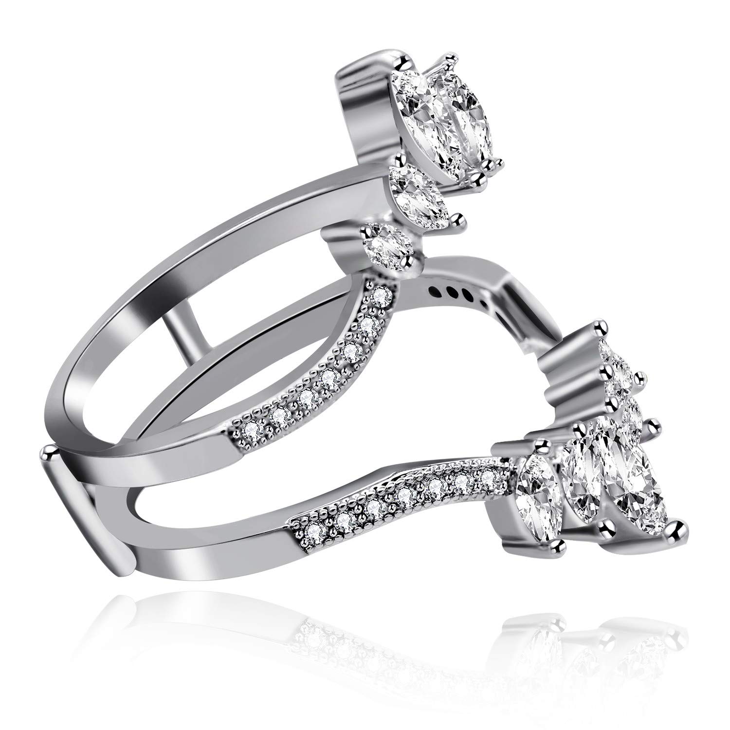 Uloveido White Gold Plated Marquise Cubic Zirconia Wedding Band Engagement Promise Rings Guard Enhancer for Women (Silver,Size 8) Y445
