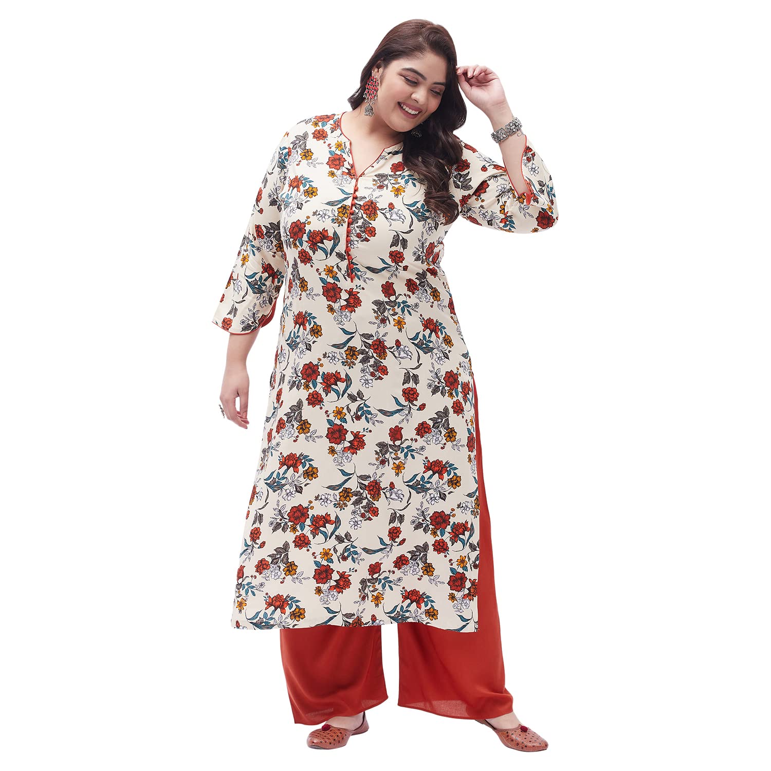 Tissu Women's Plus Size Cream & Orange Printed Kurta with Palazzo (T-Plus-634_Cream_7XL)