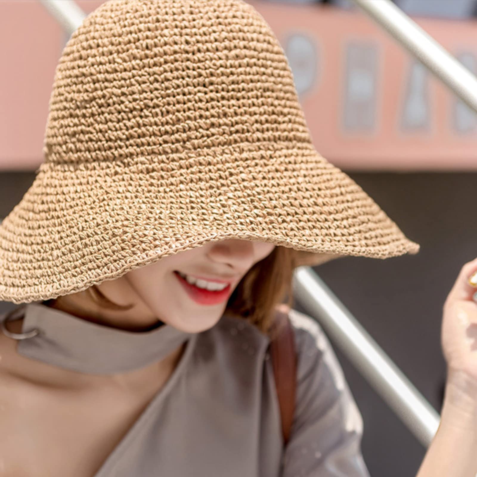 Womens Sun Straw Hat Wide Brim Summer Hat Foldable Roll up Floppy Beach Hats for Women Girl UPF 50+ (WS055)
