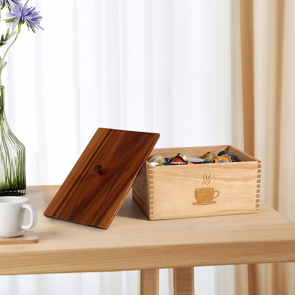 RiLiKar Wood Coffee Pod Holder Storage Box Organizer with Lid Large Capacity Coffee Station Organizer for Countertop Modern Coffee Storage Container Coffee Bar Accessories Organizer (Rectangle)