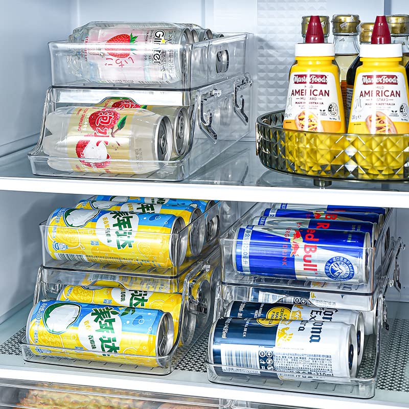Soda Can Organizer for Refrigerator, 2-Layers Automatic Rolling Beverage Drink Can Storage Organizer, Clear Foldable Beer Pop Can Organizer Dispenser Holder with a Silicone Shower Drink Holder