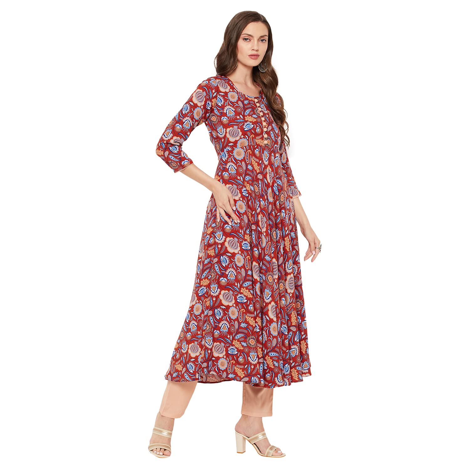 Tissu Women's Rayon Orange & Blue Floral Printed A-Line Kurta (Tissu-2197-Orange_M)