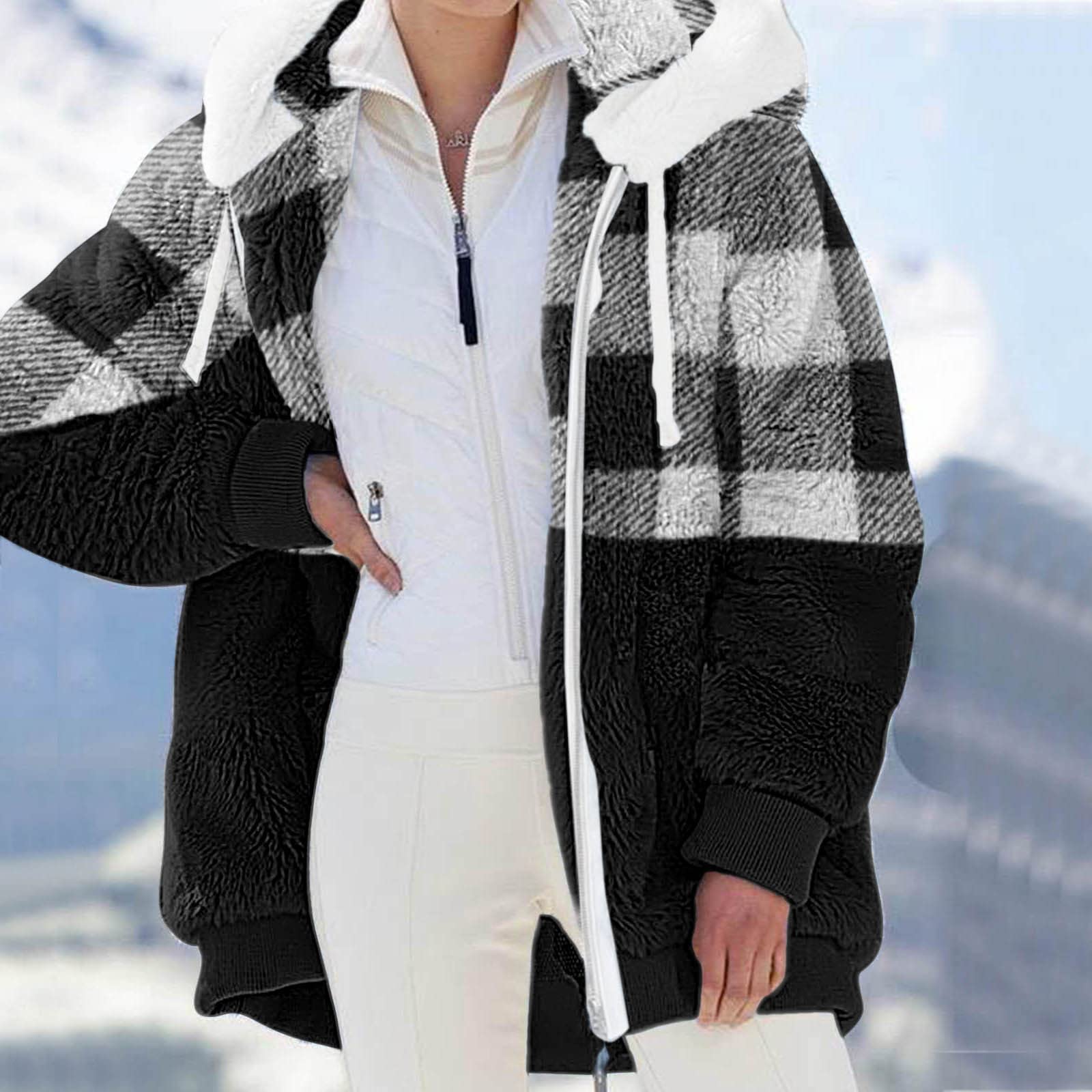 Women's Plaid Fleece Hooded Jacket Flannel Lined Long Sleeves Drawstring Sweatshirt Fuzzy Shirt Coat Blouse Tops