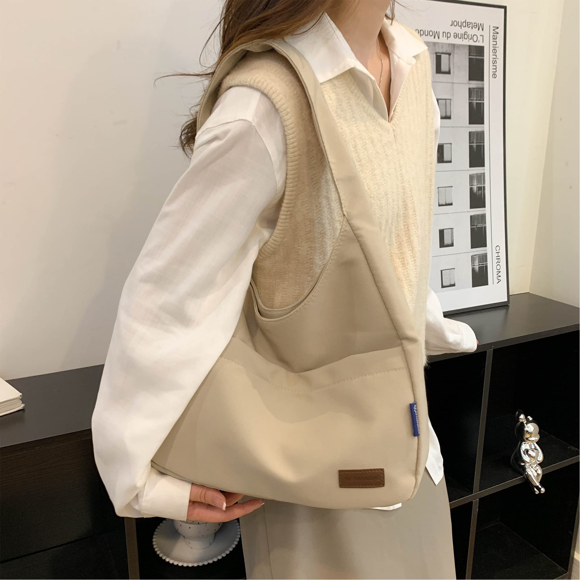 Women Nylon Tote Bag Large Hobo Handbag Casual Shoulder Bag with Pockets for Travel Work Shopping (Khaki)
