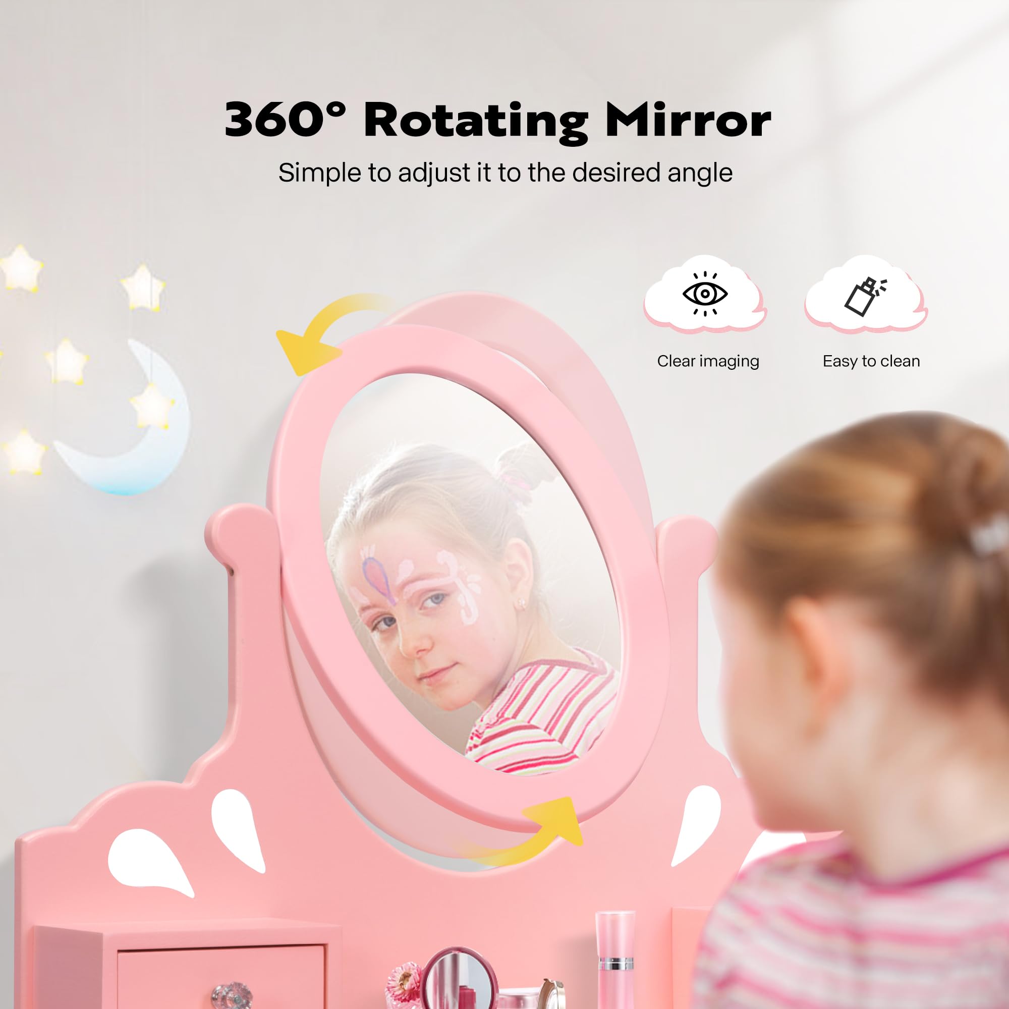 VIVOHOME Kids Vanity Set, Makeup Dressing Table with 360° Rotating Mirror for Girls, Pink Makeup Vanity Set with 10 Dimmable LED Bulbs, with 360° Rotating Lighted Mirror, White