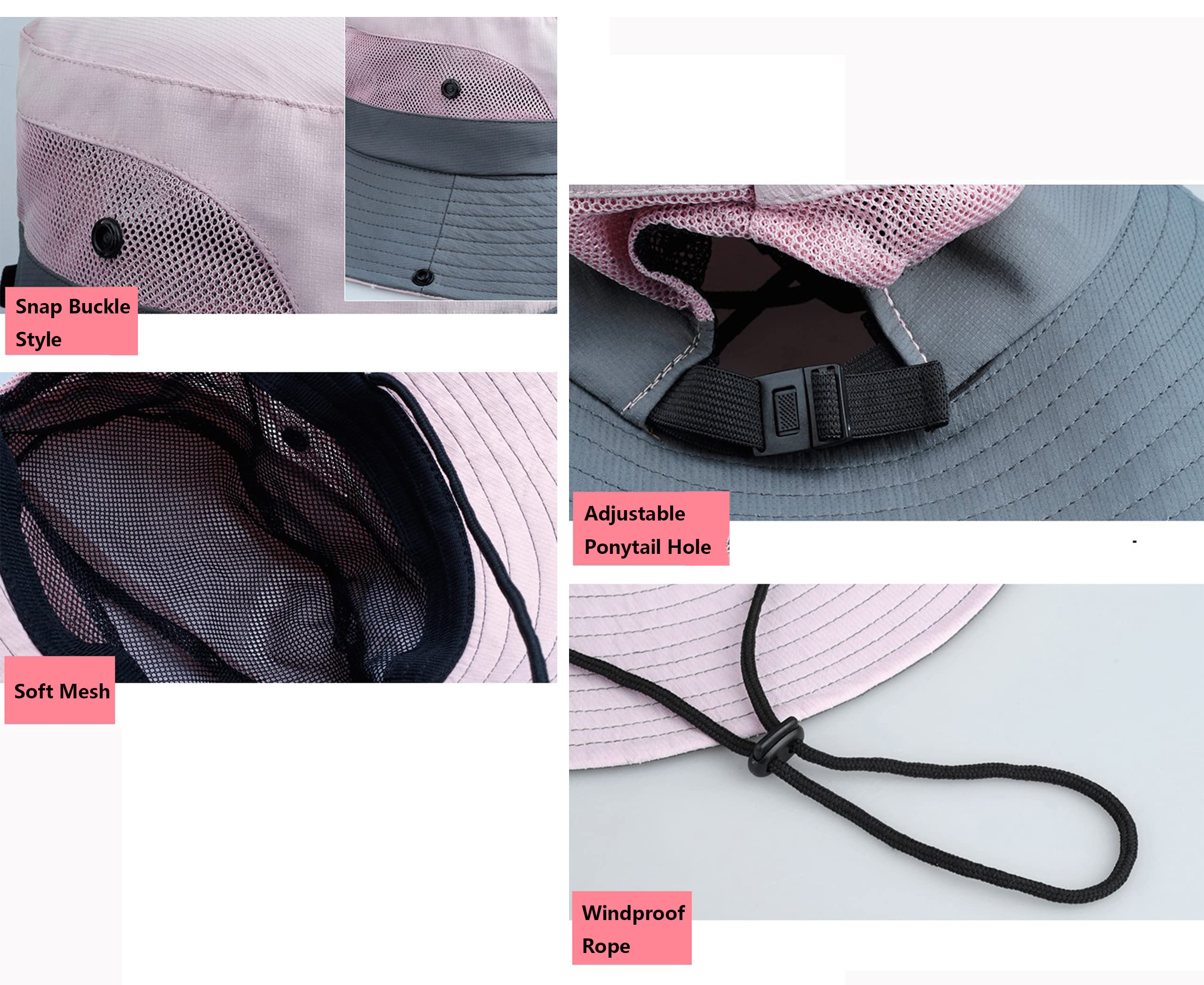 Womens Ponytail Sun Hats with UV Protection Wide Brim Mesh Ponytail Hole Bun Bucket Hat(2pcs Pink+Black