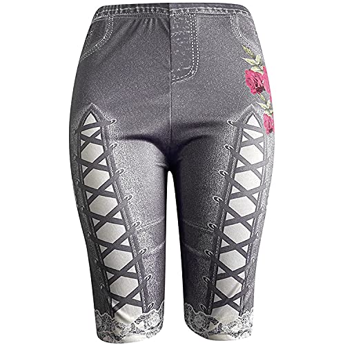 Women's Plus Size High Waist Printed Jeans Shorts Lace Patchwork Butt Lifting Denim Short Running Gym Stretchy Leggings (Grey,X-Large)