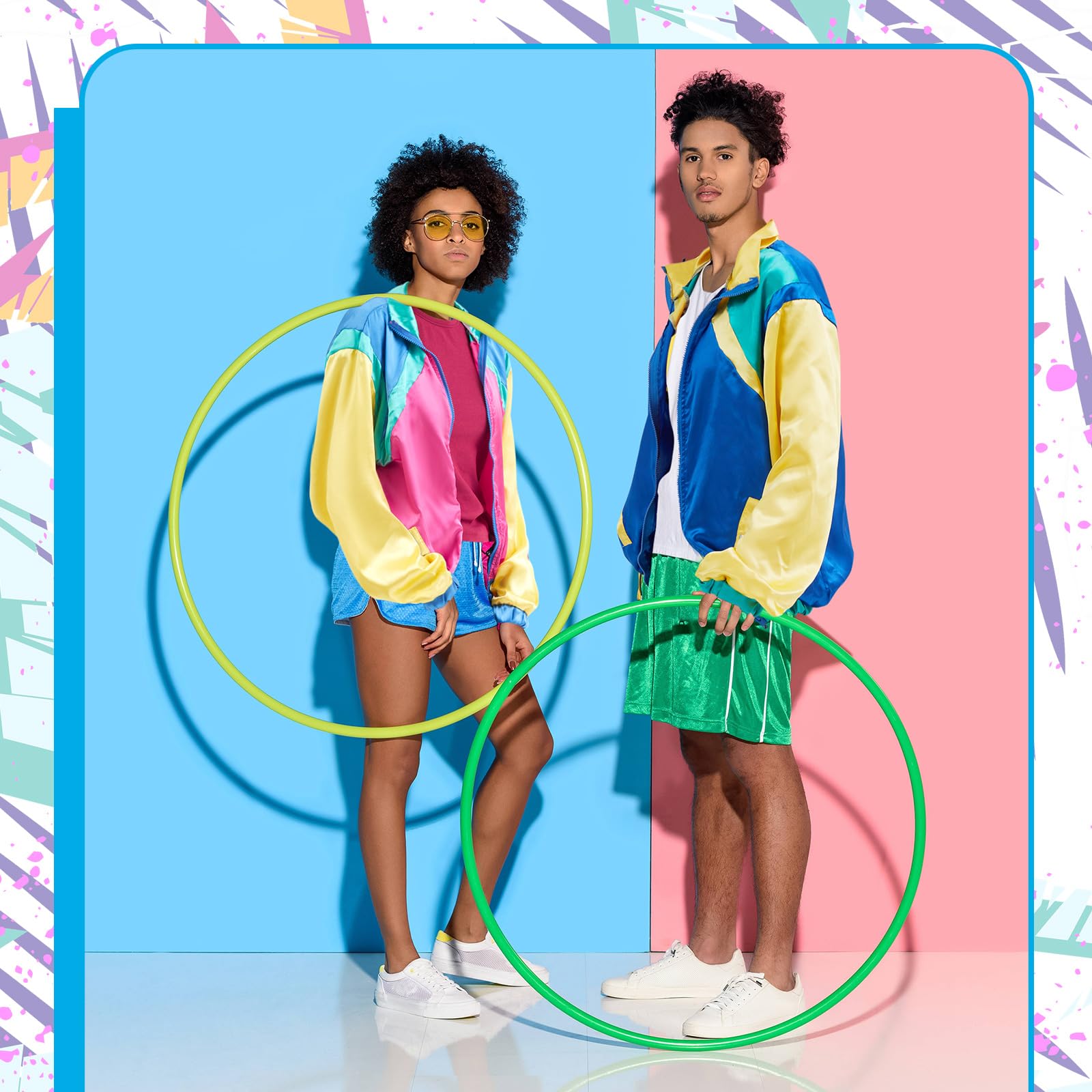 Shinymoon 4 Pcs Women 80s 90s Rave Outfit Retro Workout Costumes Unisex Windbreaker Jacket Waist Bag Headband(Blue, Medium)