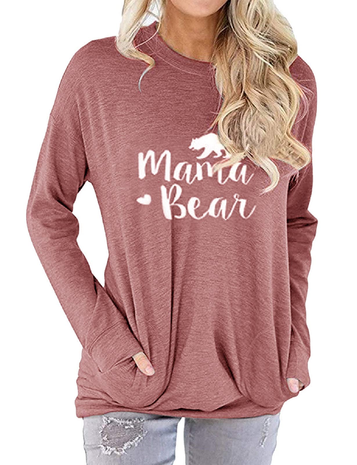 Vaise Womens Mama Bear Shirt Mama Bear Sweatshirt Casual Long Sleeve Shirts Loose Tunics Tops Sweatshirts (Medium, A-Pink)
