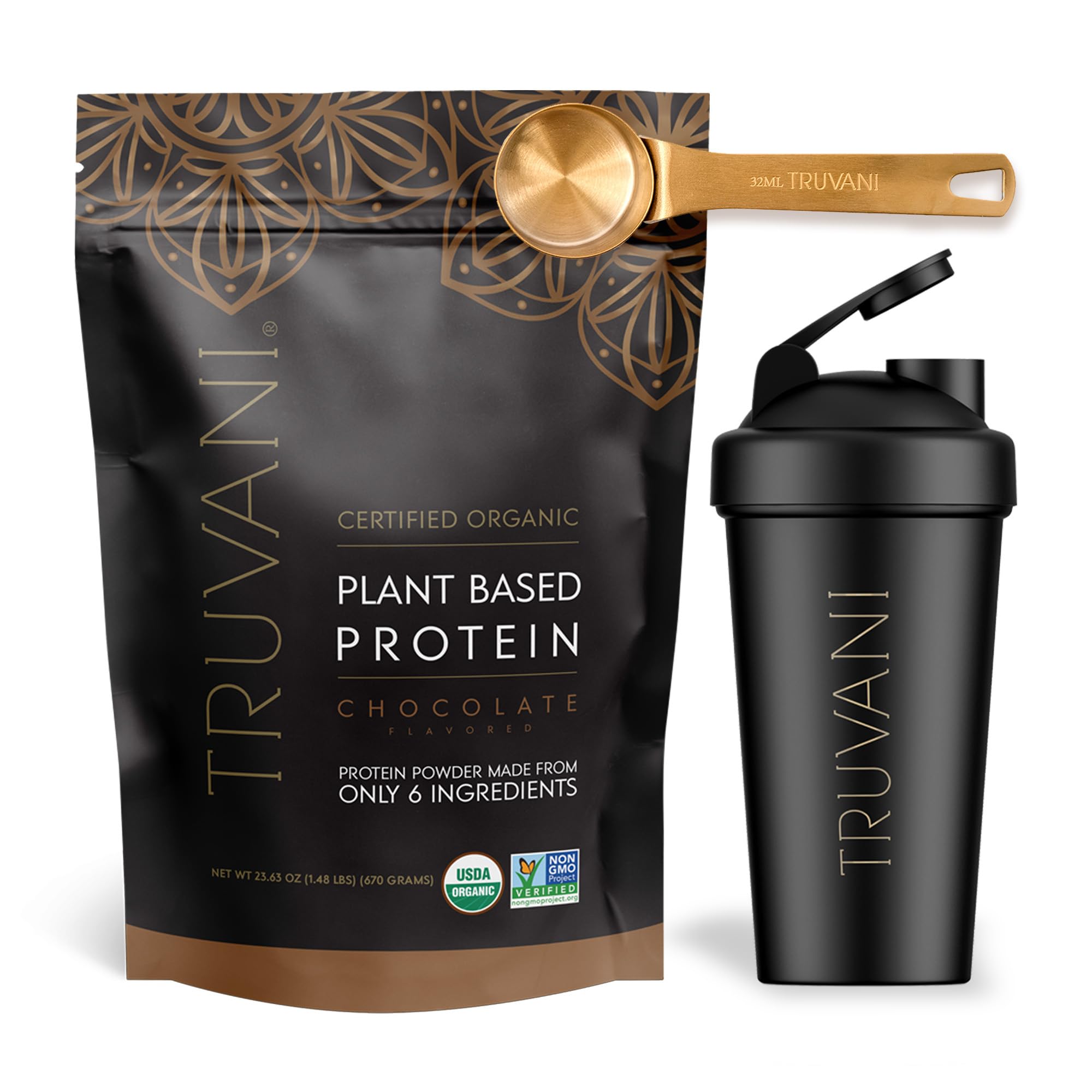 Truvani Vegan Chocolate Protein Powder with Shaker Cup & Scoop Bundle - 20g of Organic Plant Based Protein Powder - Includes Stainless Steel Shaker Cup & Durable Protein Metal Scoop