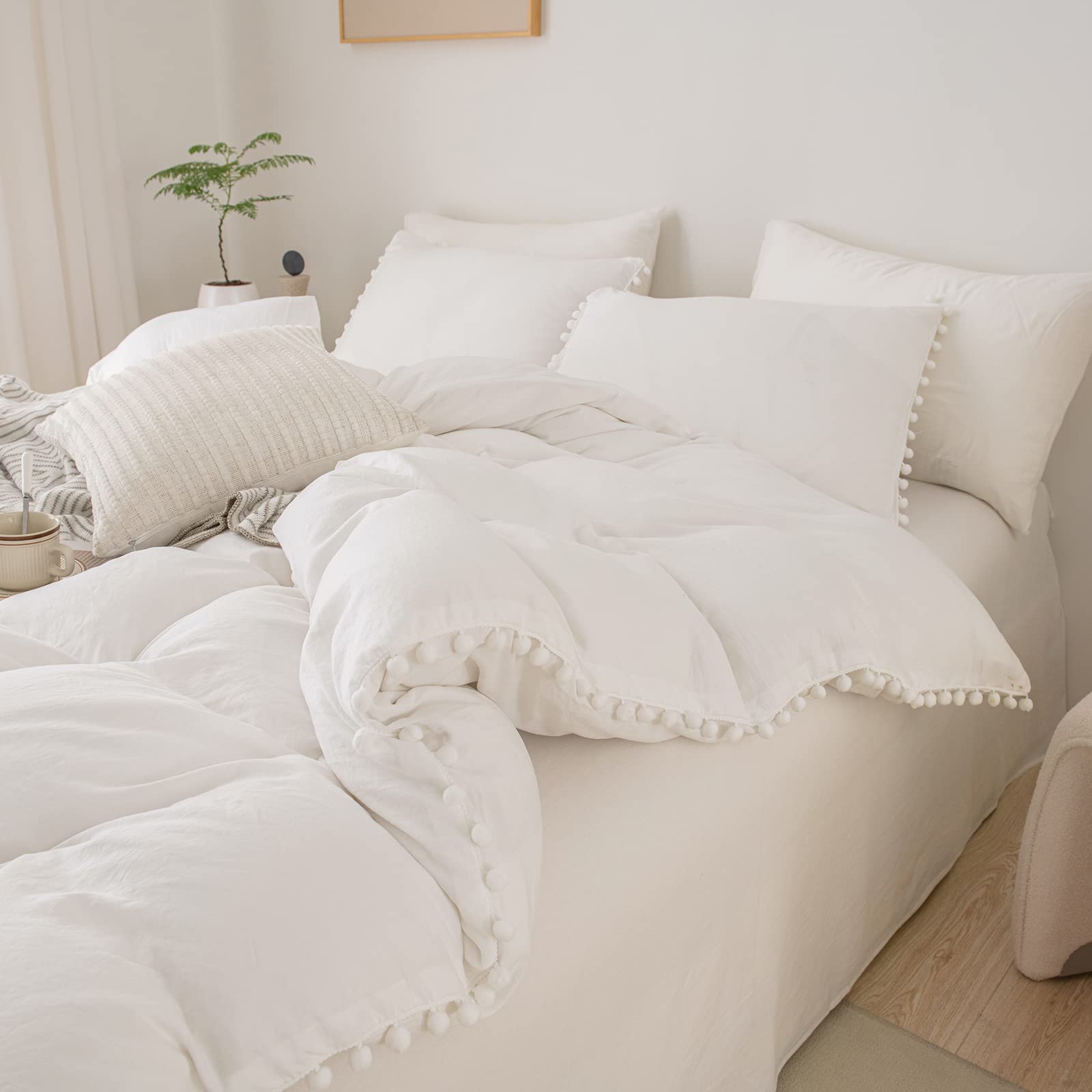 White Duvet Cover Set Boho Duvet Cover Set Queen Size Solid White Pom Pom Fringe Trim Design 3 Pcs White Comforter Cover Set (Queen, White)