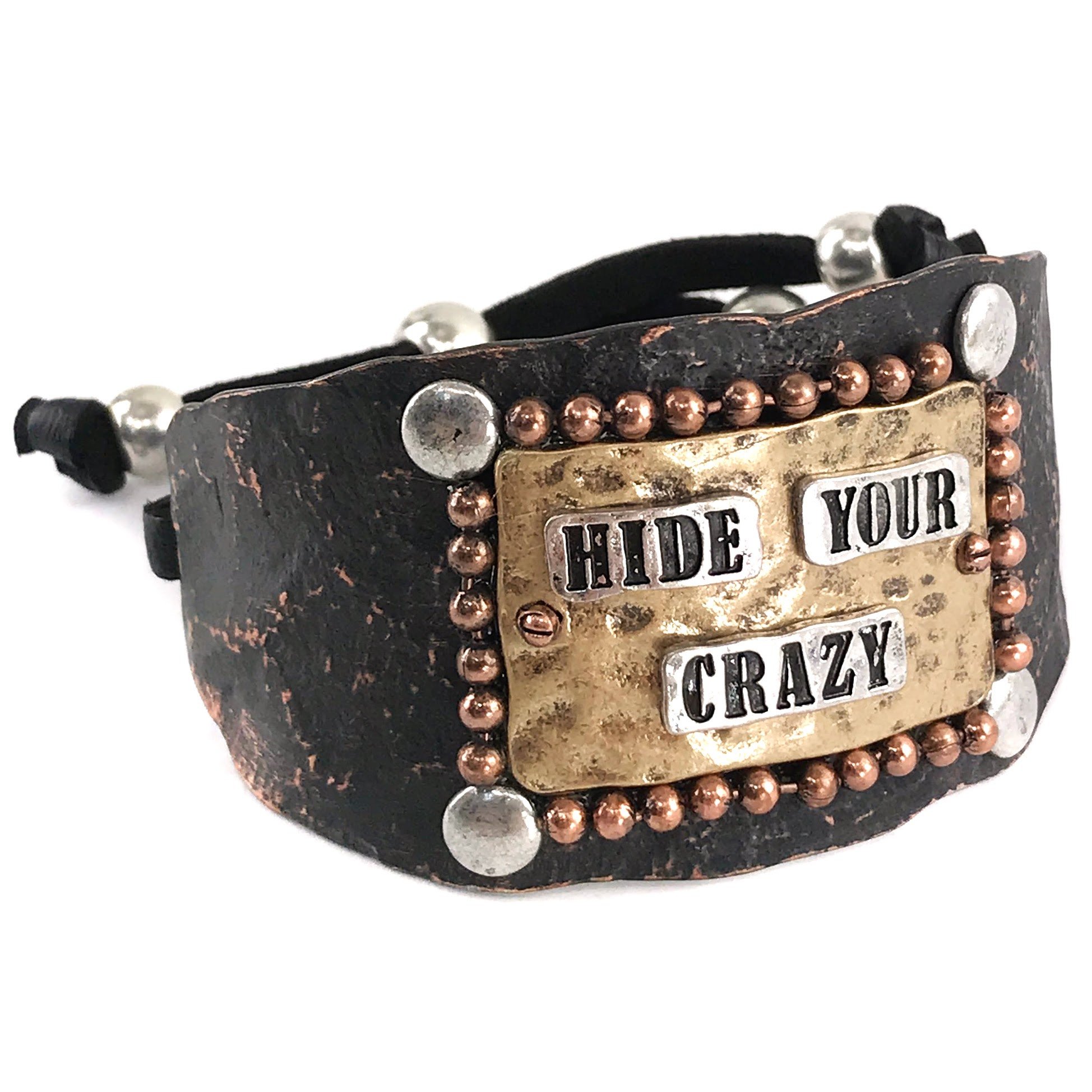 Western Peak Western Tritone Hammered Hide Your Crazy Leather Cuff Bracelet (Copper)