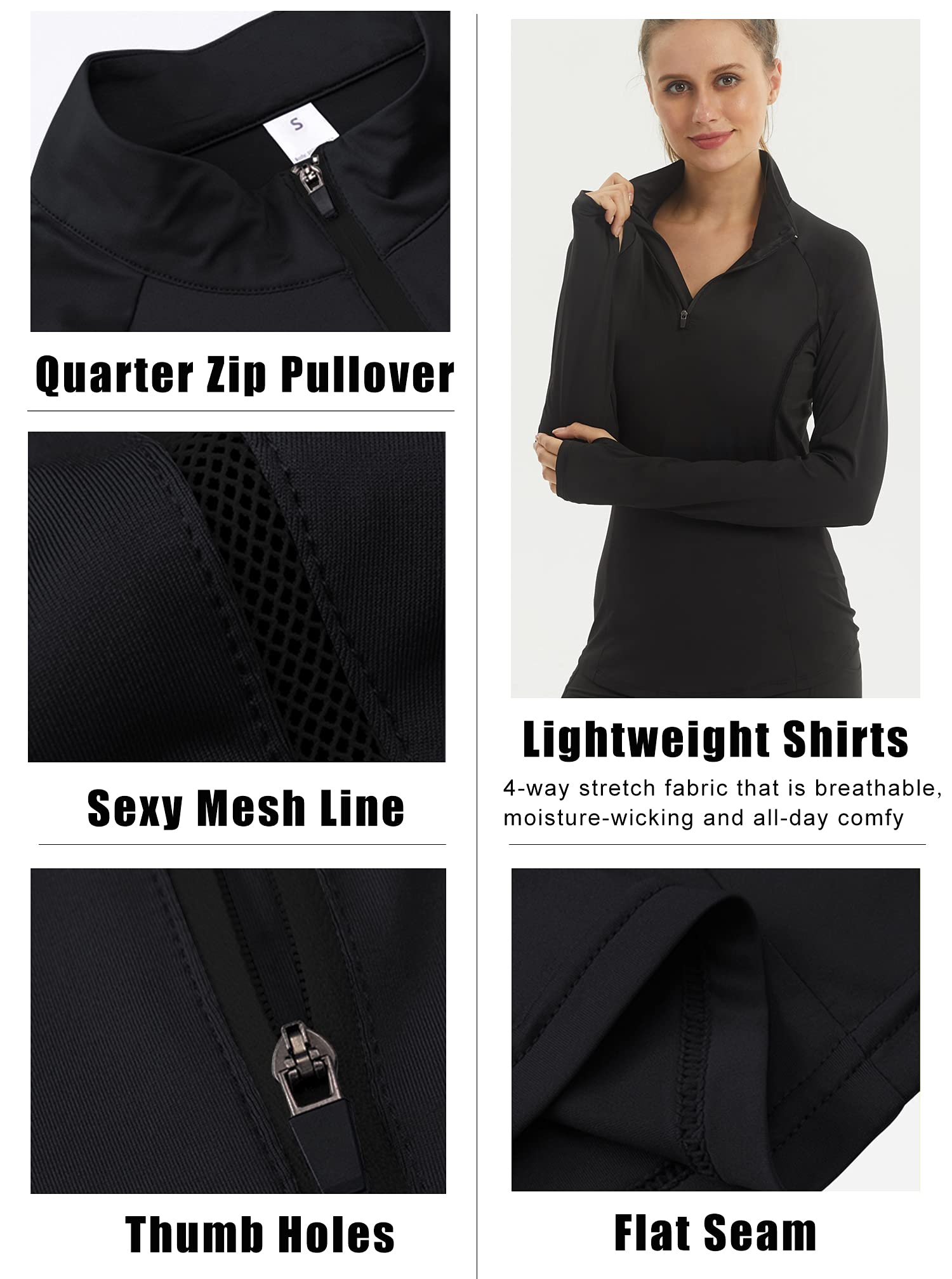 Womens Running Shirt 1/4 Zip Pullover Wick Yoga Jacket with Thumb Hole, Black, Small