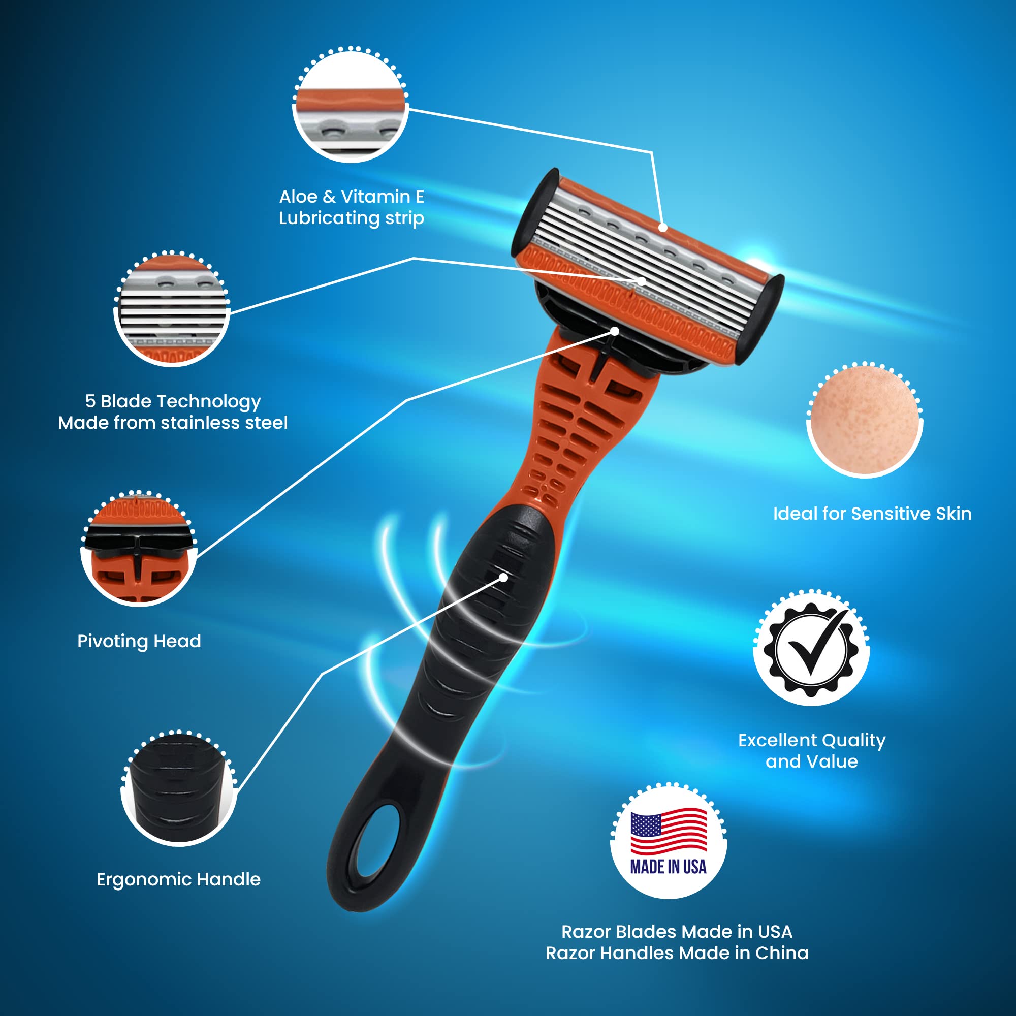 Vaylor 5 Blade Pivoting Mens Disposable Shaving Razor with Ergonomic Handle and Rubber Grip, 1 Pack