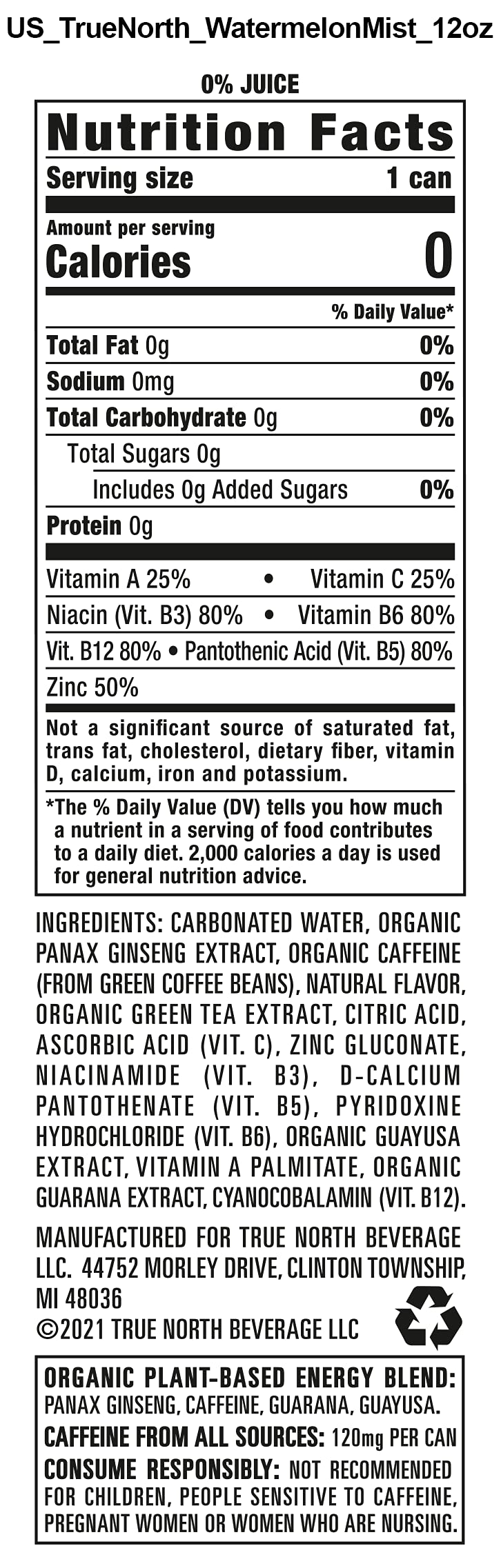 True North Pure Energy Seltzer, Watermelon Mist, 12 Fl Oz (Pack of 12)