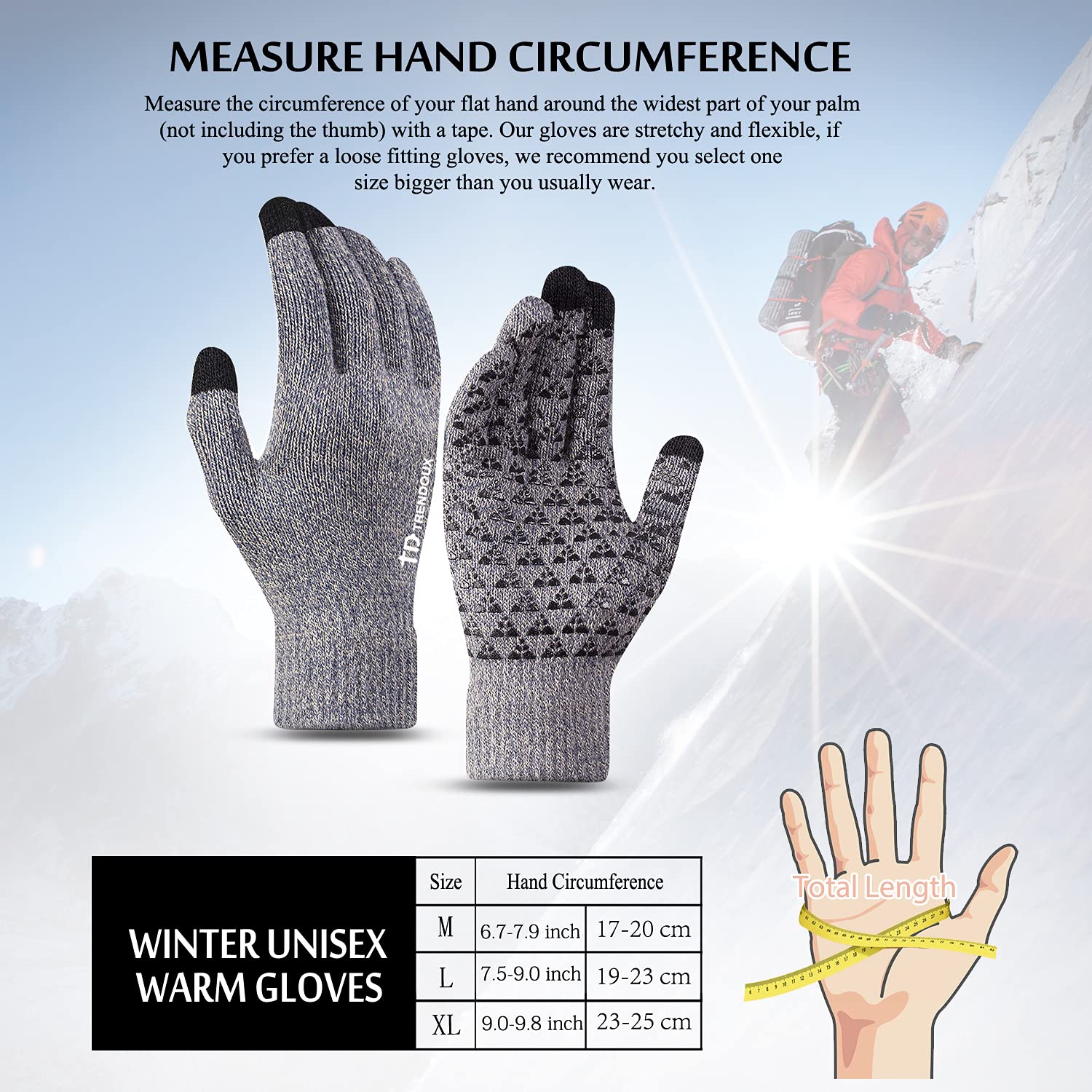 TRENDOUX Winter Gloves, Knit Warm Texting Touch Screen Gloves for Men Women - Anti-Slip - Elastic Cuff - Thermal Soft Lining - Hands Warm in Cold Weather - Light Gray - M