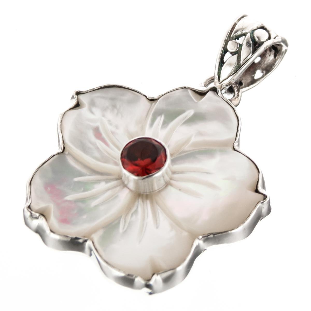 White Mother of Pearl Flower Shell Garnet 925 Sterling Silver Pendant, 1 7/16"