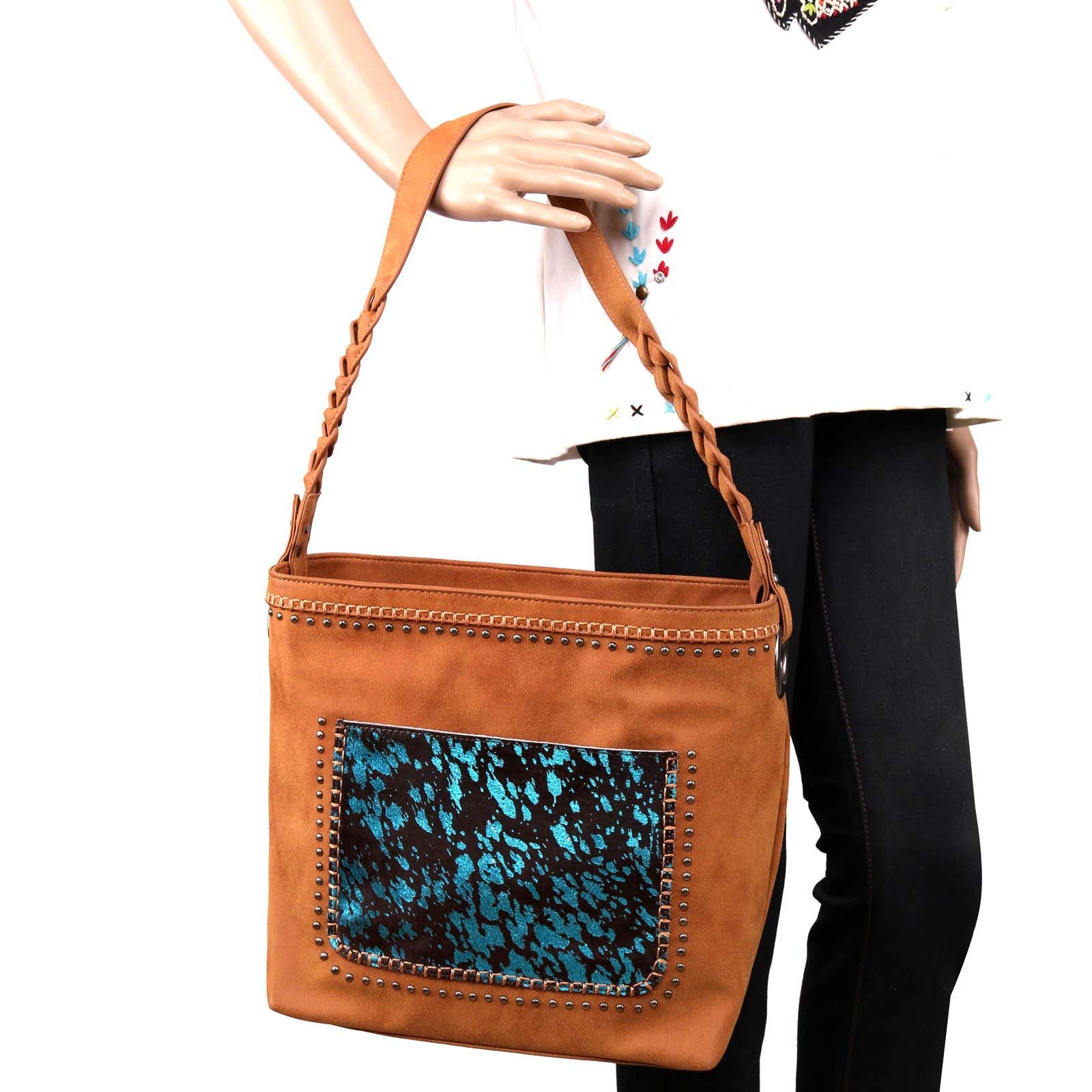Women's Leather Hobo Purse Western Shoulder Handbag Tooled Studded (Black w hair)