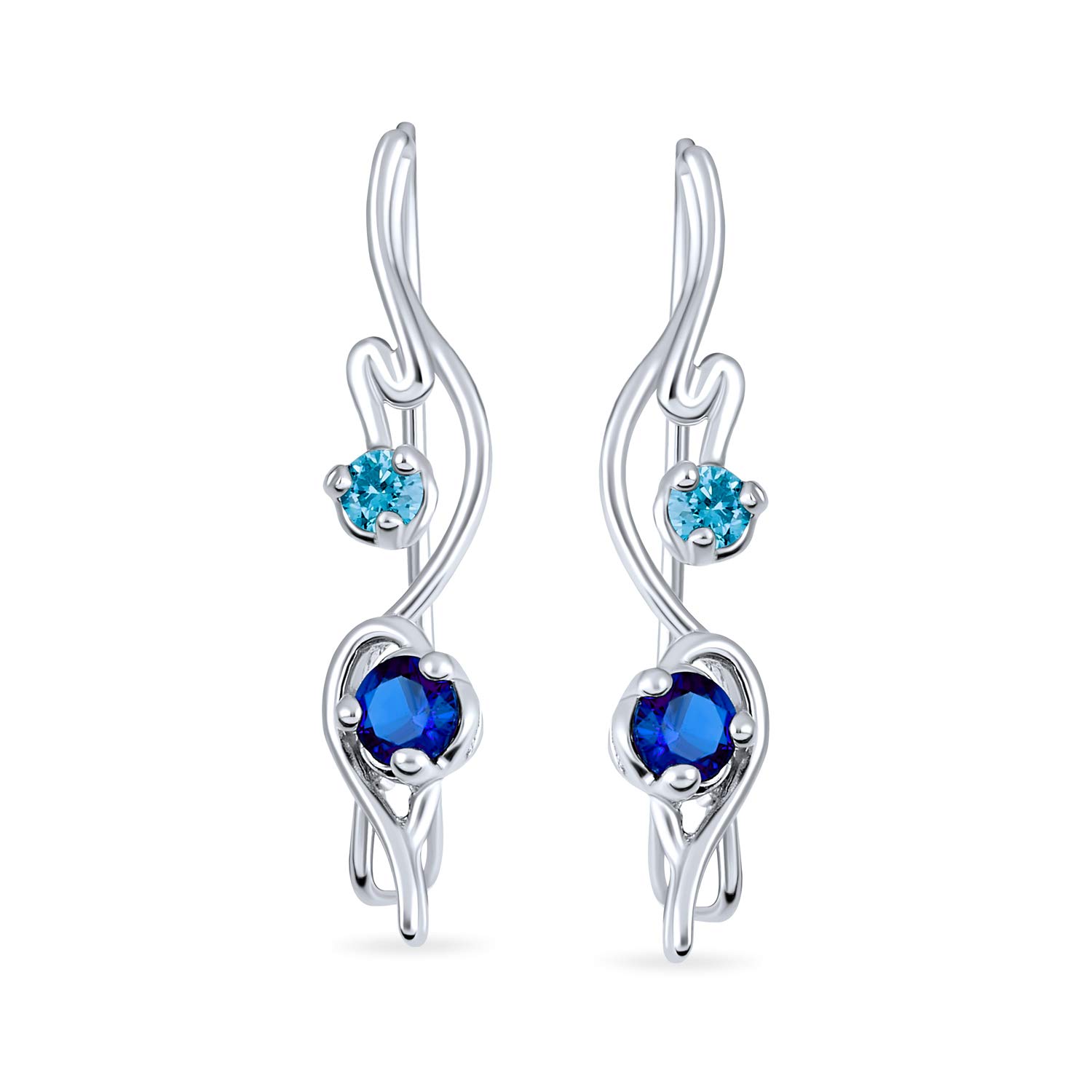 Swirl Wire Ear Pin Climbers Aqua Blue Cubic Zirconia Earrings For Women Simulated Sapphire CZ Crawlers Sterling Silver