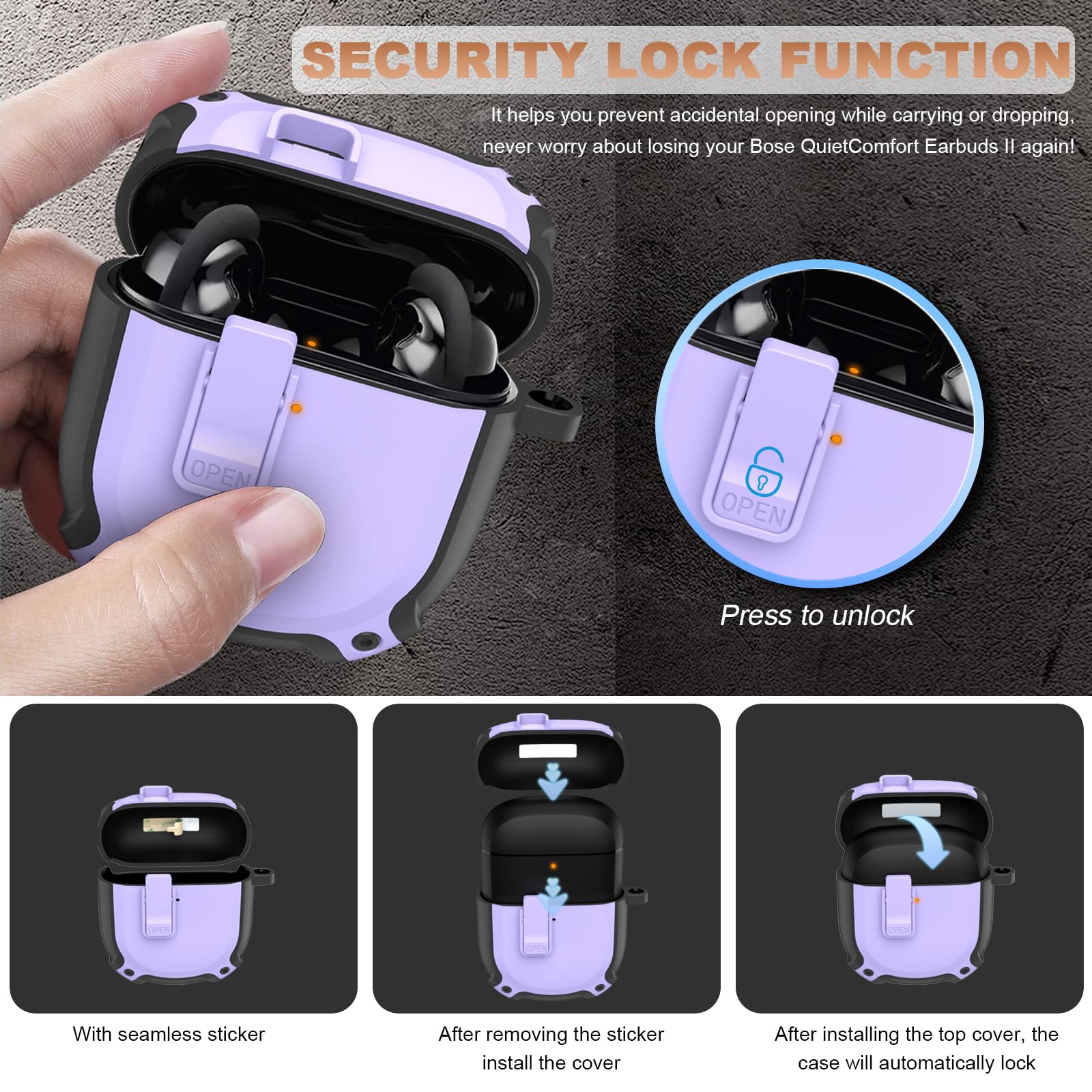 Secure Lock Bose QuietComfort Earbuds II Case(2022)&Bose QuietComfort Ultra Case(2023),WOFRO Full-Body Shockproof Protective Bose Earbuds 2 Case Cover Hard Accessories with Carabiner&Lanyard(Purple)