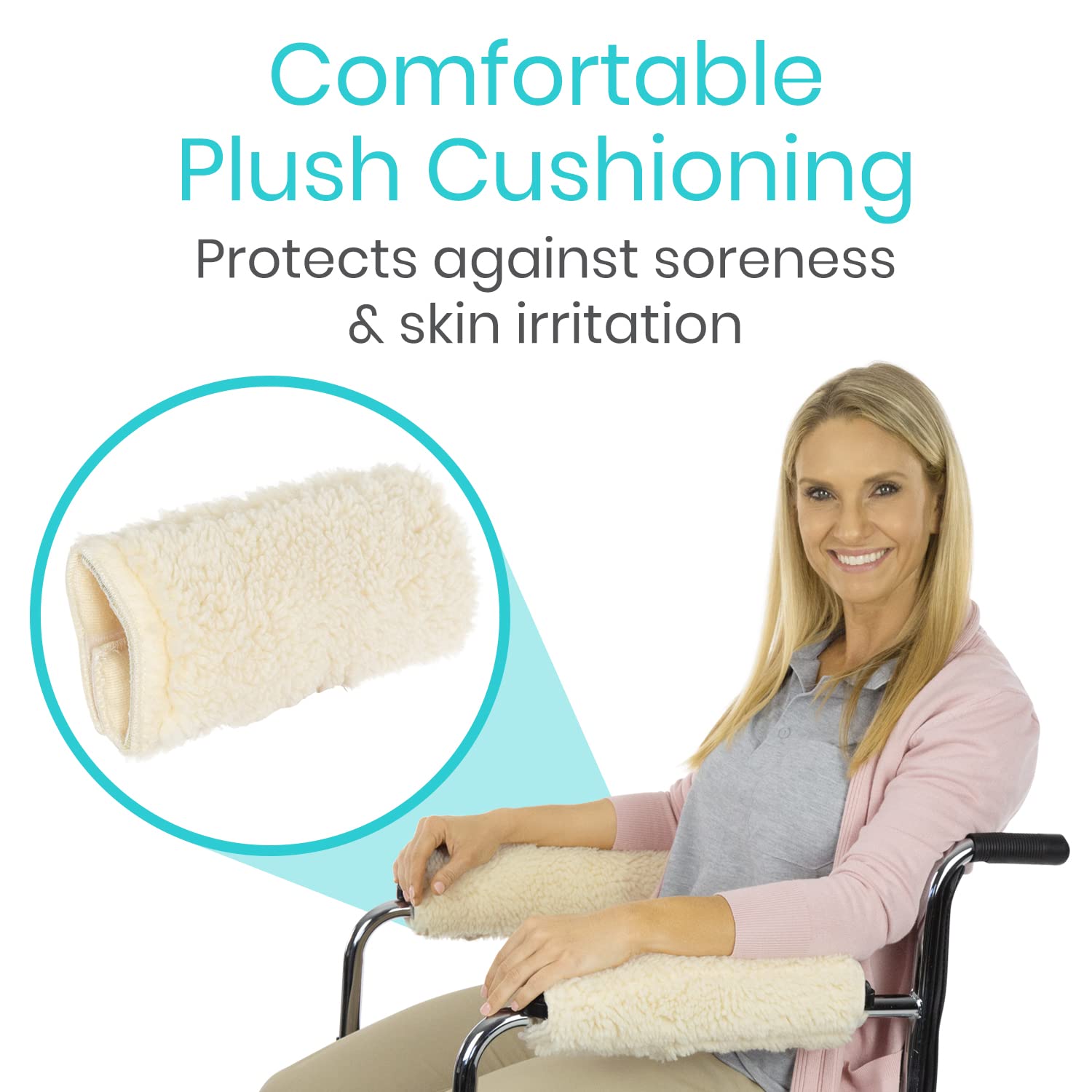 Vive Wheelchair Armrest Cover (Pair) - Memory Foam Sheepskin Pad for Office & Transport Chair - Soft Support Cushion Accessories for Padded Arm Rest, Kids, Adults - Comfort Padding Pressure Relief