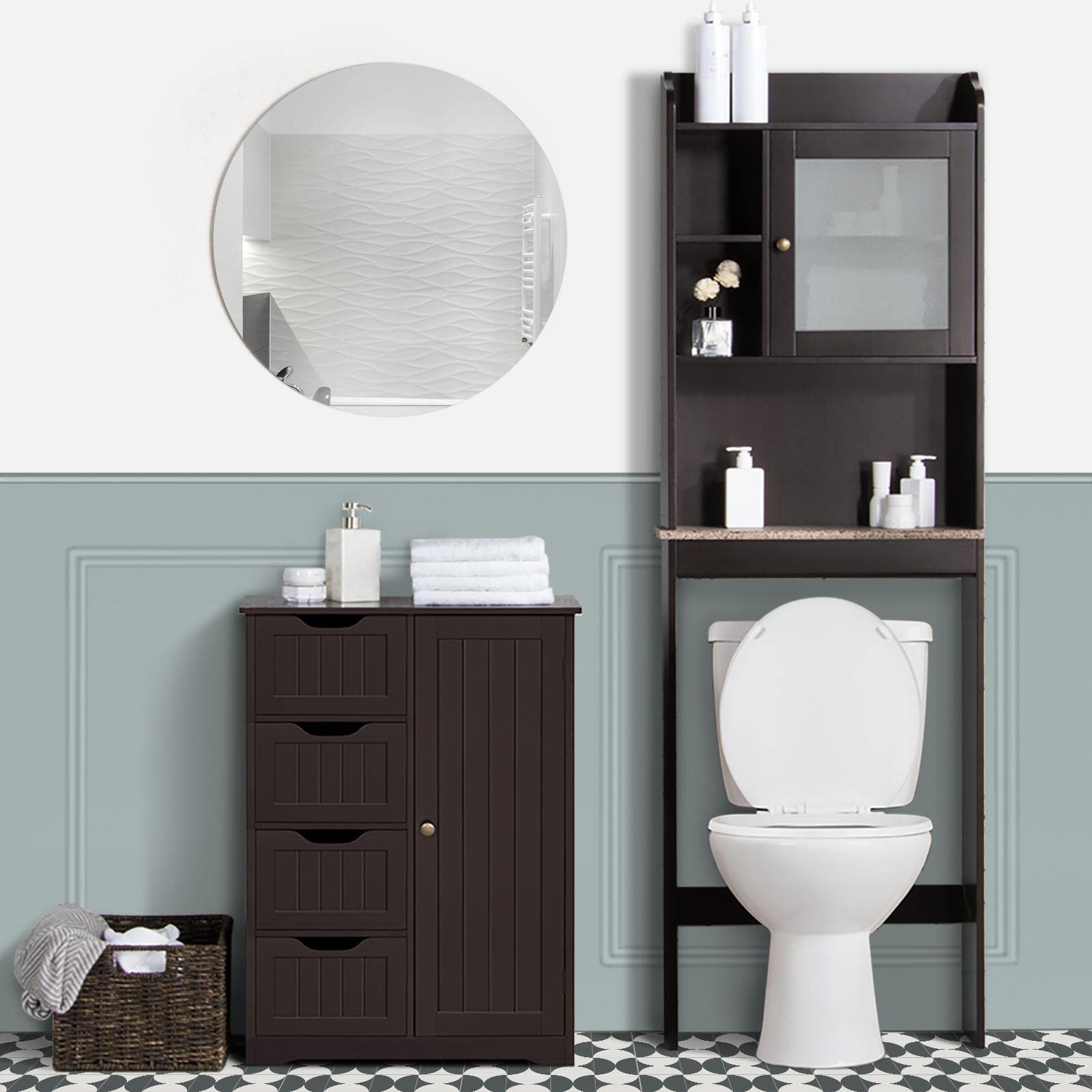 Yaheetech Wooden Bathroom Floor Cabinet, Side Storage Organizer Cabinet with 4 Drawers and 1 Cupboard, Freestanding Entryway Storage Unit Console Table, Home Decor Furniture, Brown