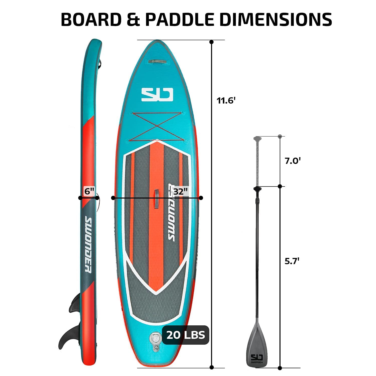 Swonder 11'6" Inflatable Stand Up Paddle Board, Heavy Duty Paddleboard for Adults and Kids, 300lbs High-Capacity SUP with Premium Accessories inc. Air Pump, Paddles, Leash, Backpack