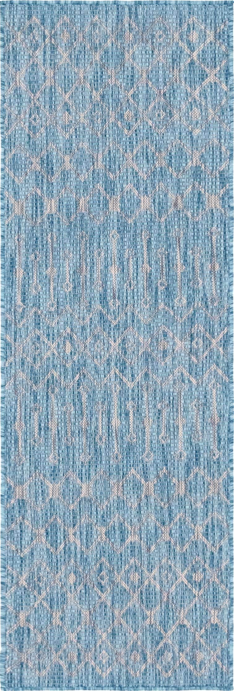 Unique Loom Outdoor Trellis Collection Area Rug - Tribal Trellis (2' x 6' 1" Runner, Aqua/ Ivory)
